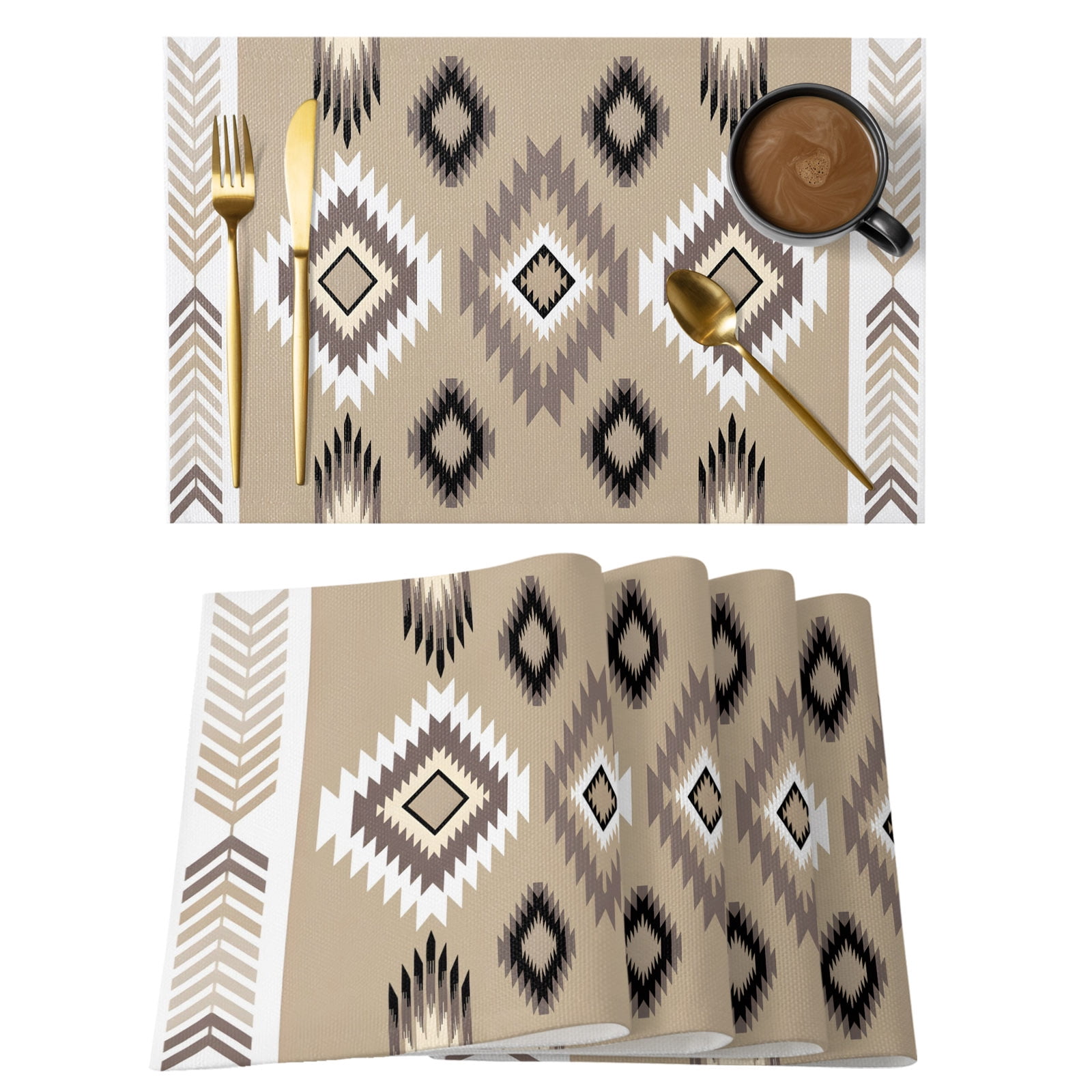 Brown Tribal Geometric Cotton Linen Placemats Set of 8, Vintage Boho ...