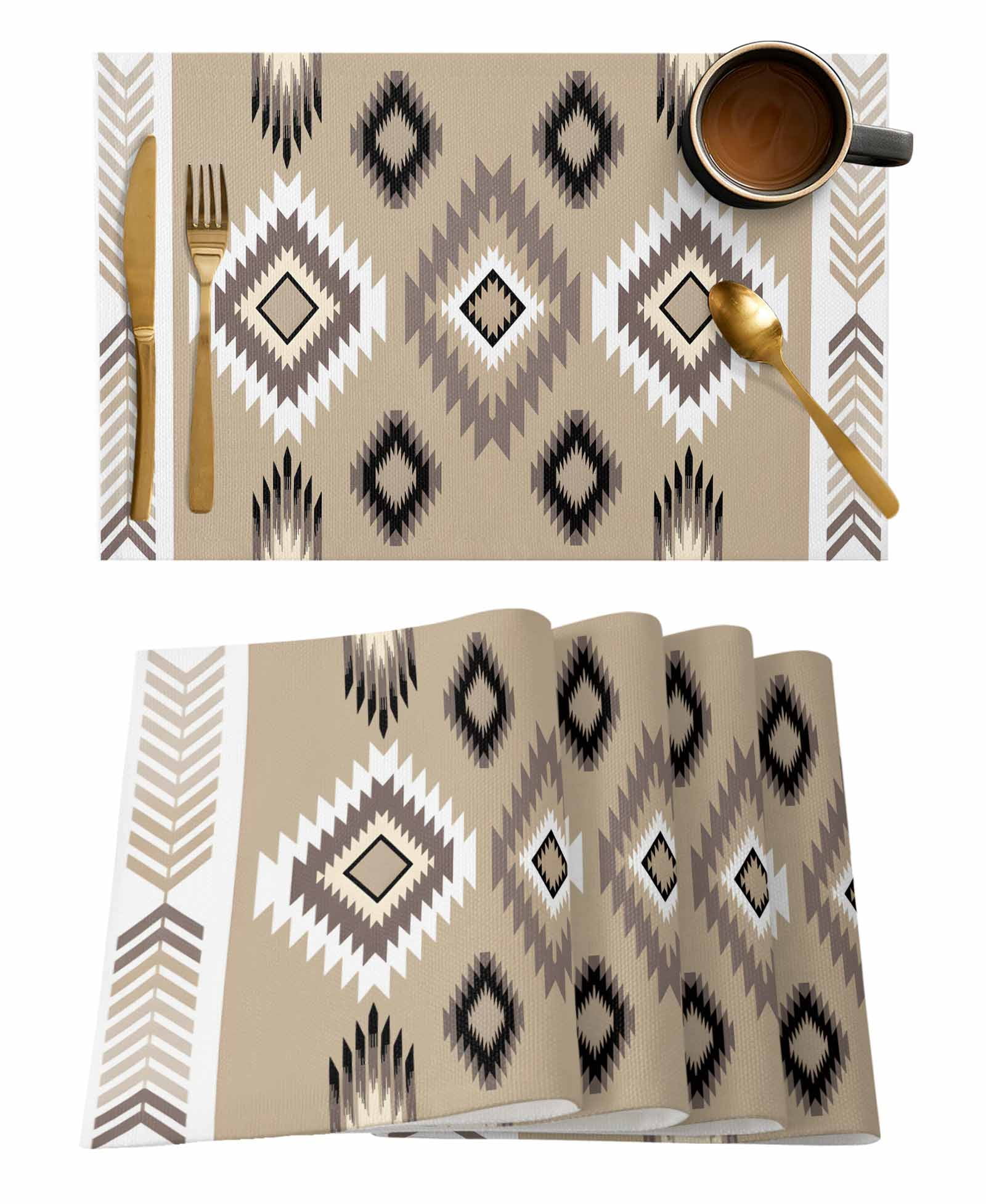 Brown Tribal Geometric Placemats Set of 12 Vintage Boho Native Abstract ...