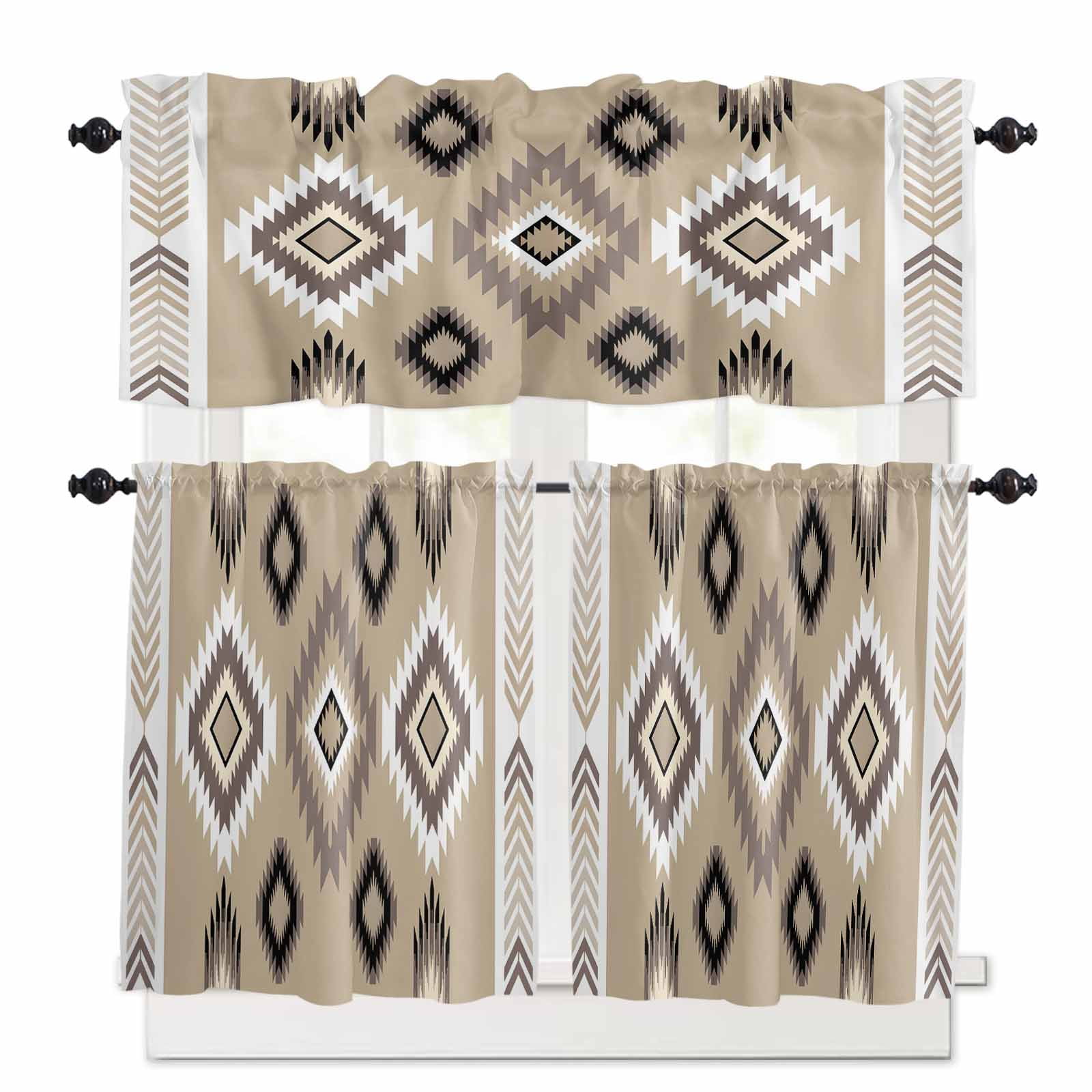 Brown Tribal Geometric Window Curtains Valance Set of 3 Vintage Boho ...