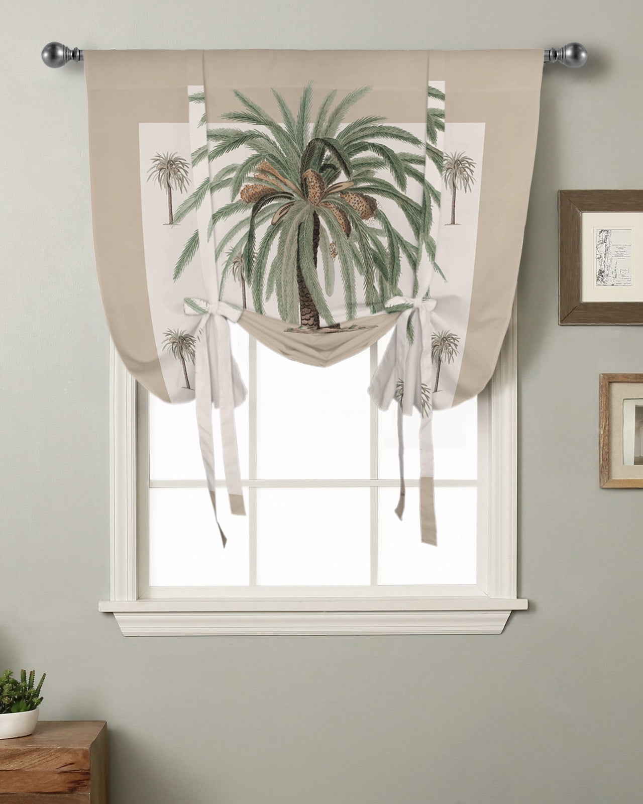 Brown Tropical Plant Coconut Tree Kitchen Short Window Curtain Rod ...