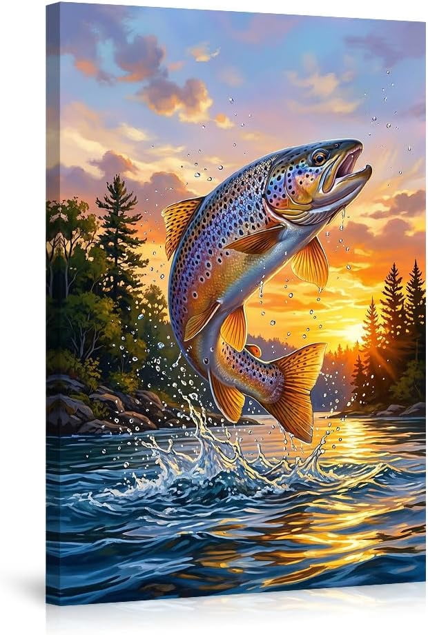 Brown Trout Fishing Canvas Wall Art Jumping Fish Sunset Lake Scenery ...