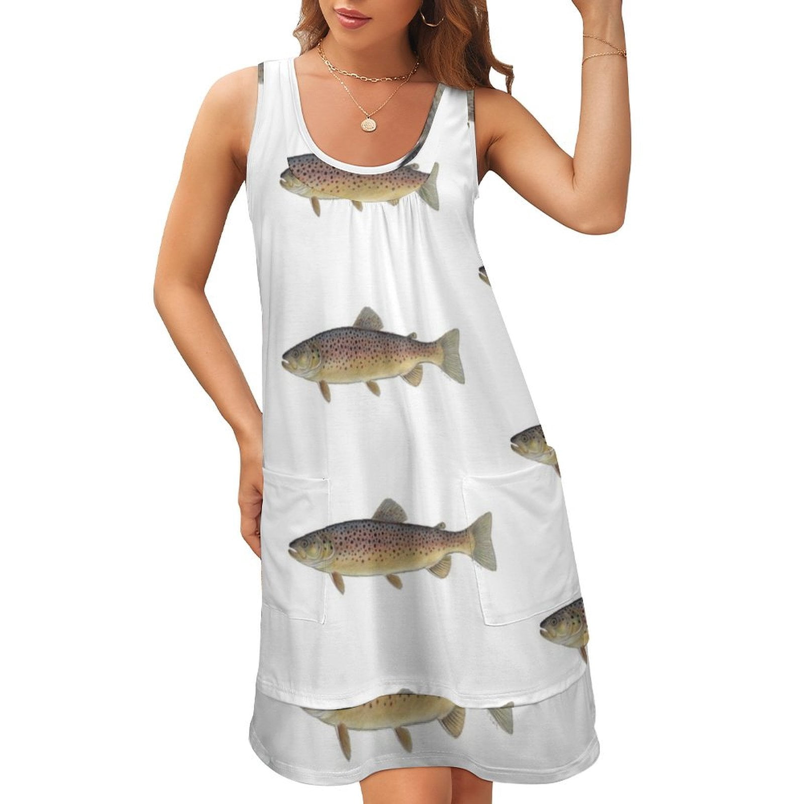 Brown Trout (Salmo trutta) Sleeveless U-Neck Fake Two Piece Dress Party ...