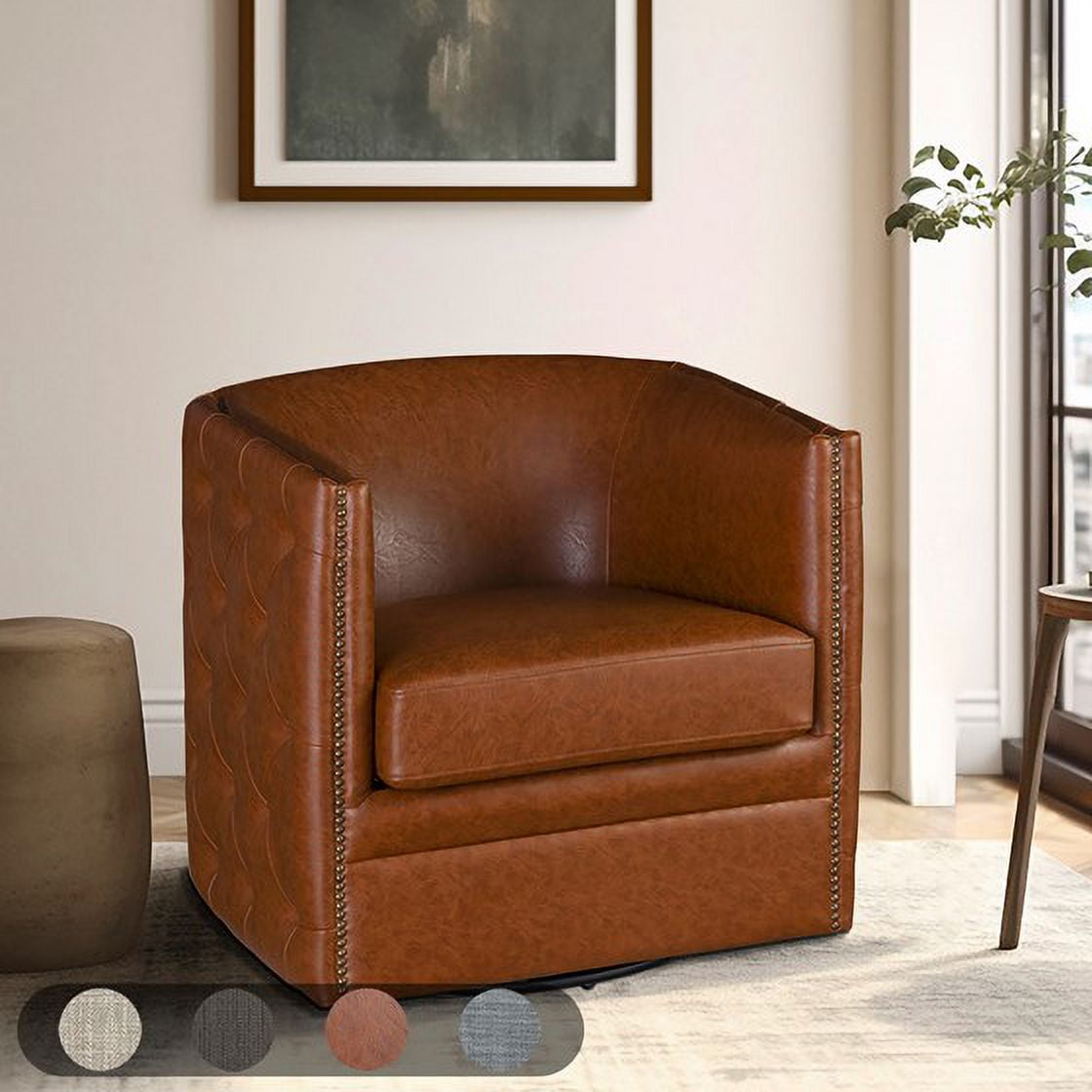 Brown Tufted Barrel Swivel Chair for Living Room - Comfortable Faux ...