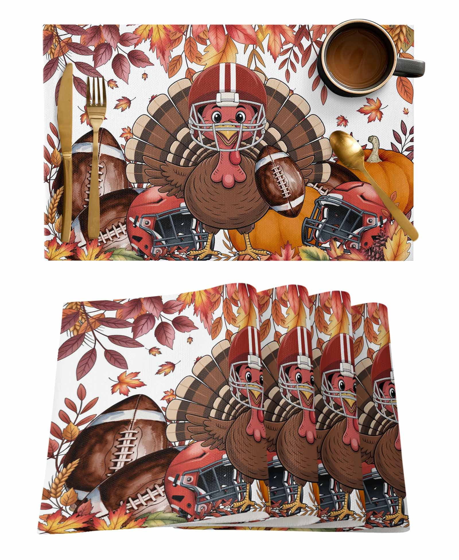 Brown Turkey with Helmet Placemats Set of 1 Rugby Fall Maple Leaf ...