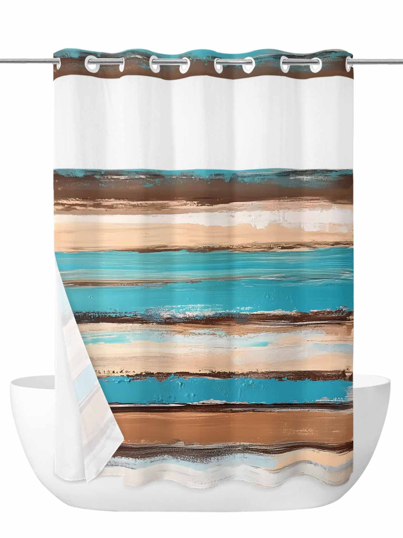 Brown Turquoise Board No Hook Shower Curtain and Liner Set Abstract ...