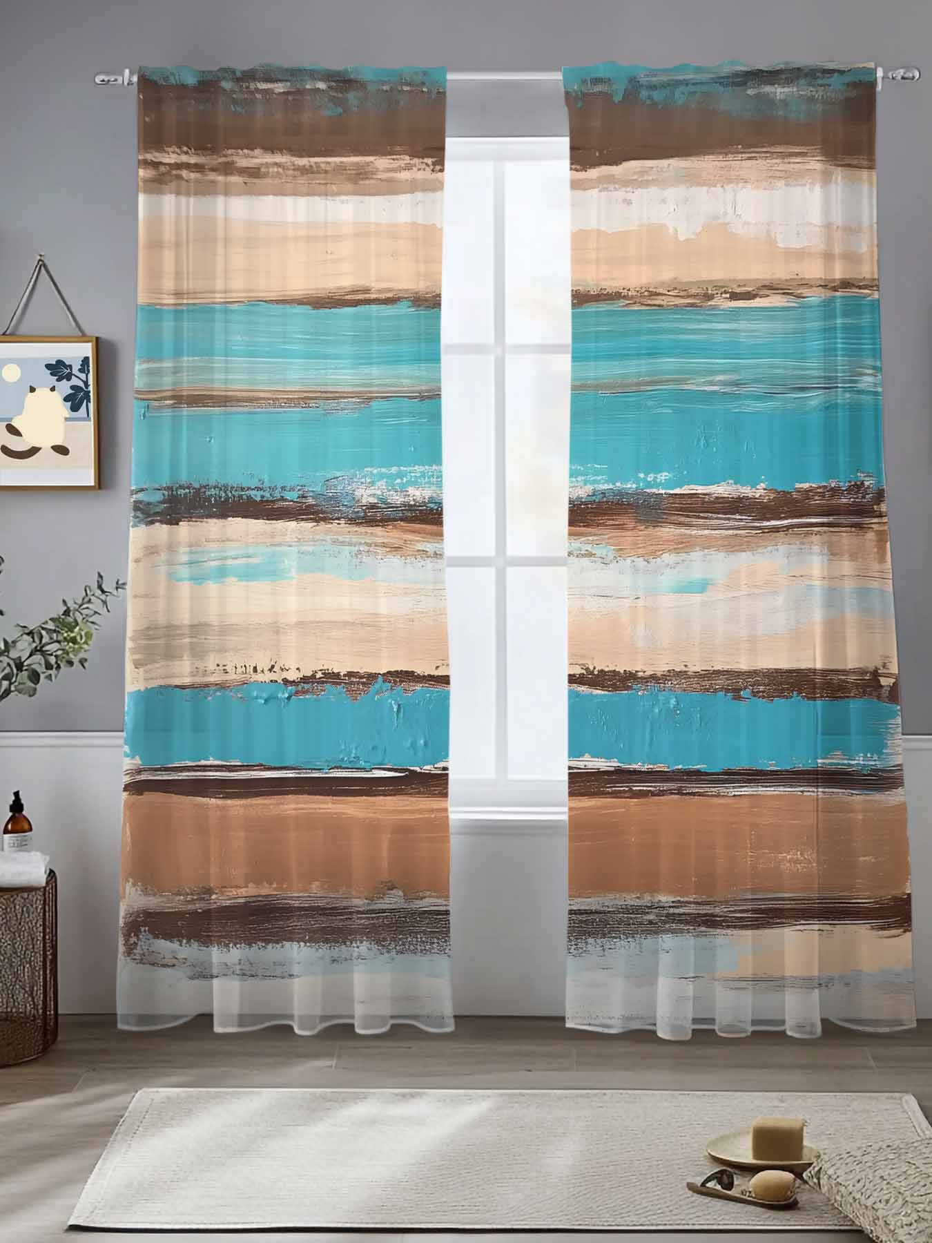 Brown Turquoise Board Sheer Curtains 108 Inches Long 2 Panels Abstract ...