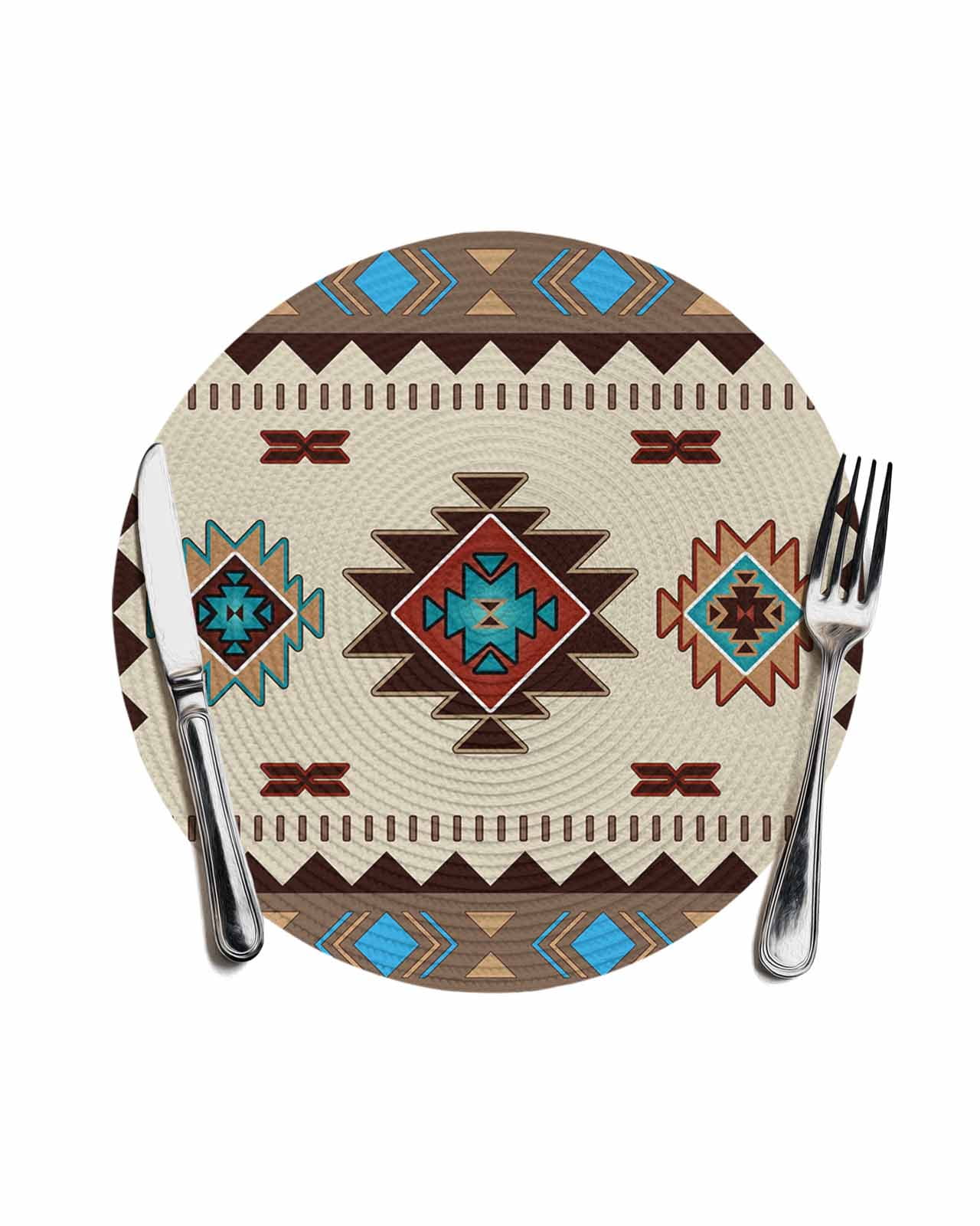 Brown Turquoise Southwest Texture Round Table Placemats 1 pc, Tribal ...
