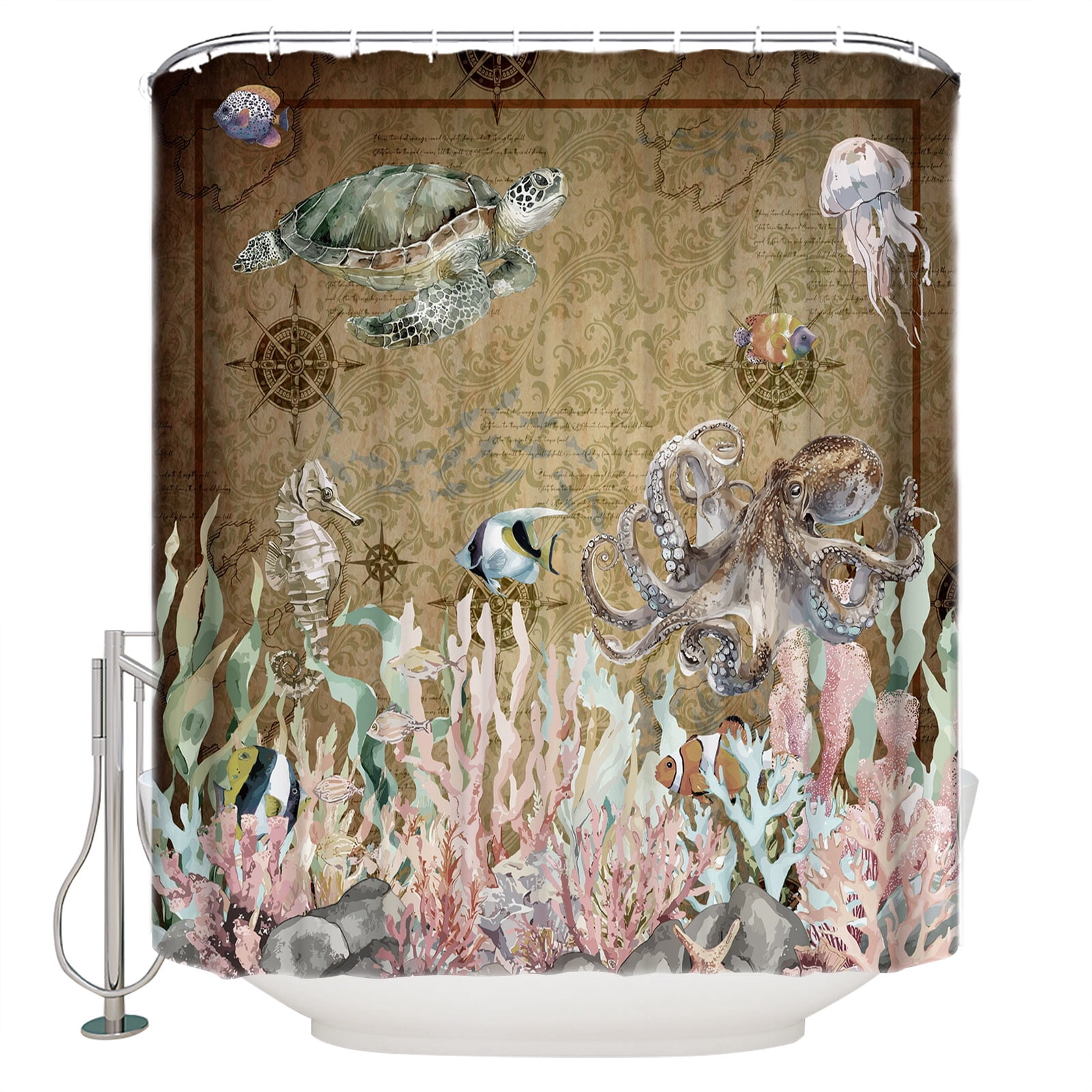 Brown Turtle Coastal Bathroom Shower Curtains with 12 Hooks Waterproof ...