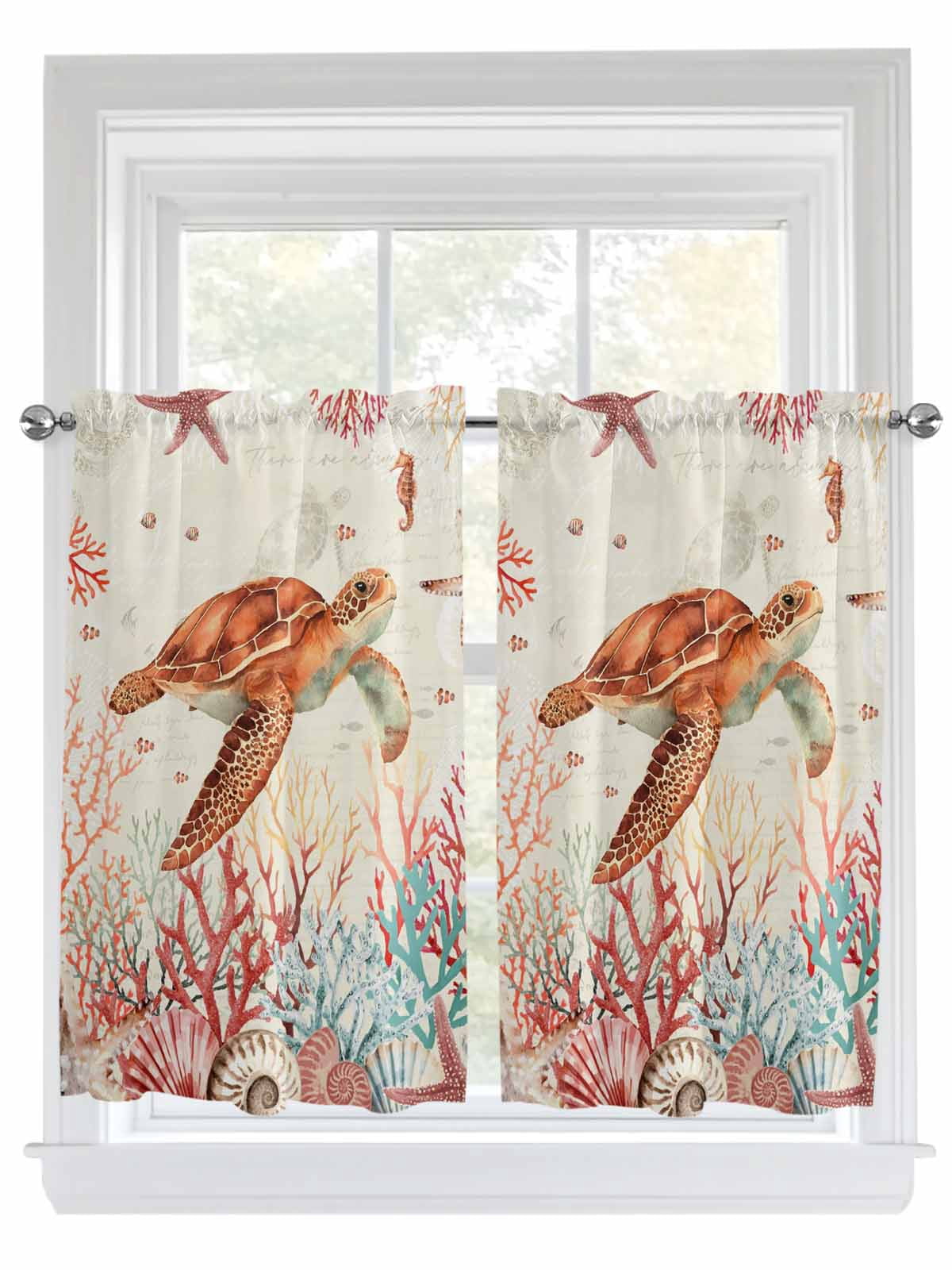 Brown Turtle Coastal Bathroom Window Curtain, Summer Beach Nautical ...