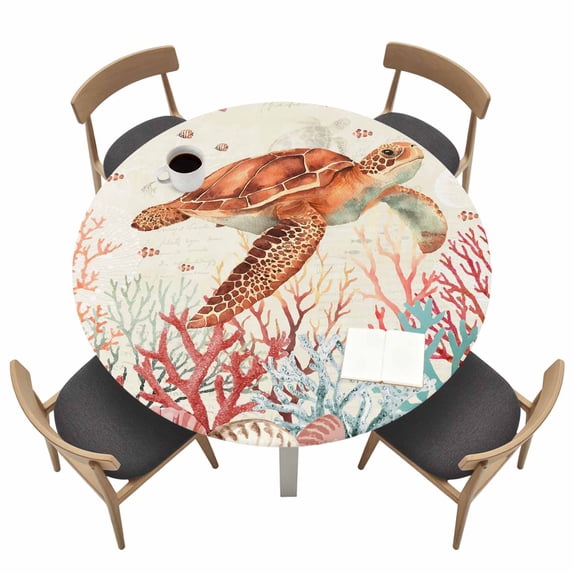 Brown Turtle Coastal Fitted Tablecloth with Elastic Edged, Round Table ...