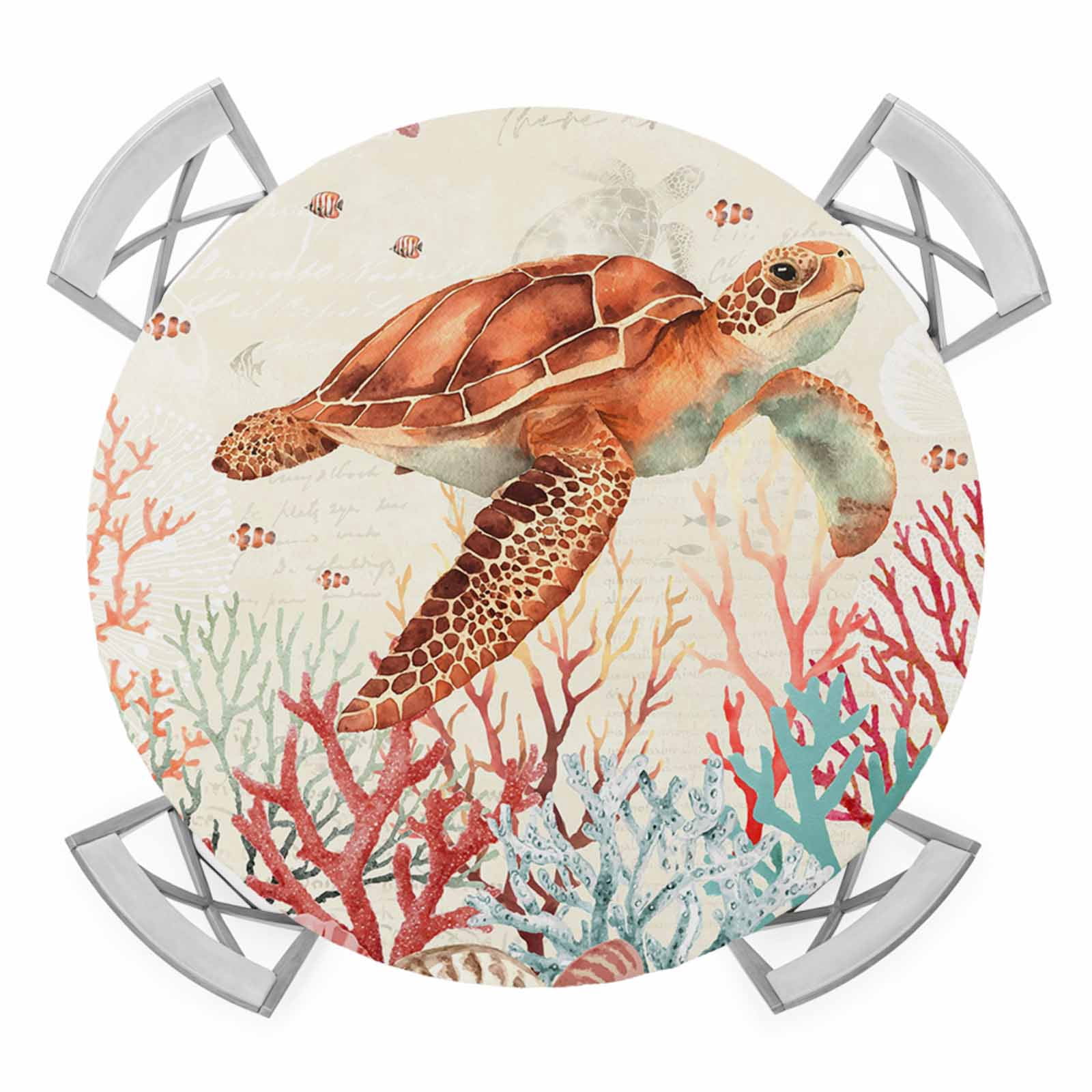 Brown Turtle Coastal Round Tablecloth for 55-60 Inch Tables,Fitted ...
