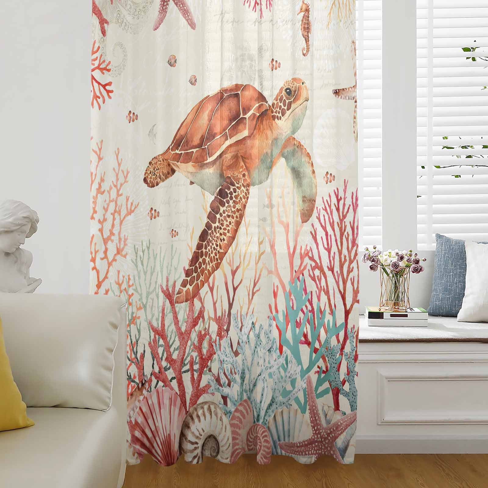 Brown Turtle Coastal Semi Sheer Curtains Drapes for Living Room,Bedroom ...