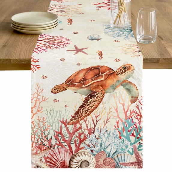Brown Turtle Coastal Table Runner 108 Inches Long Farmhouse Dress ...