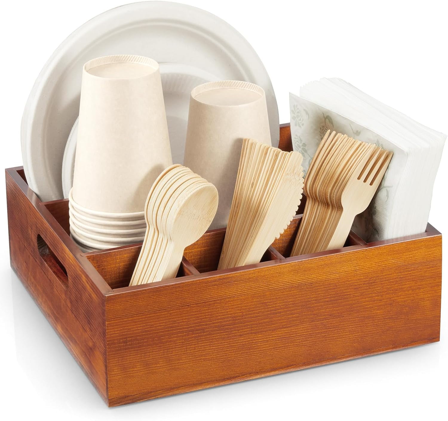 Brown Utensil Holder for Party - Wood Paper Plate Organizer for ...