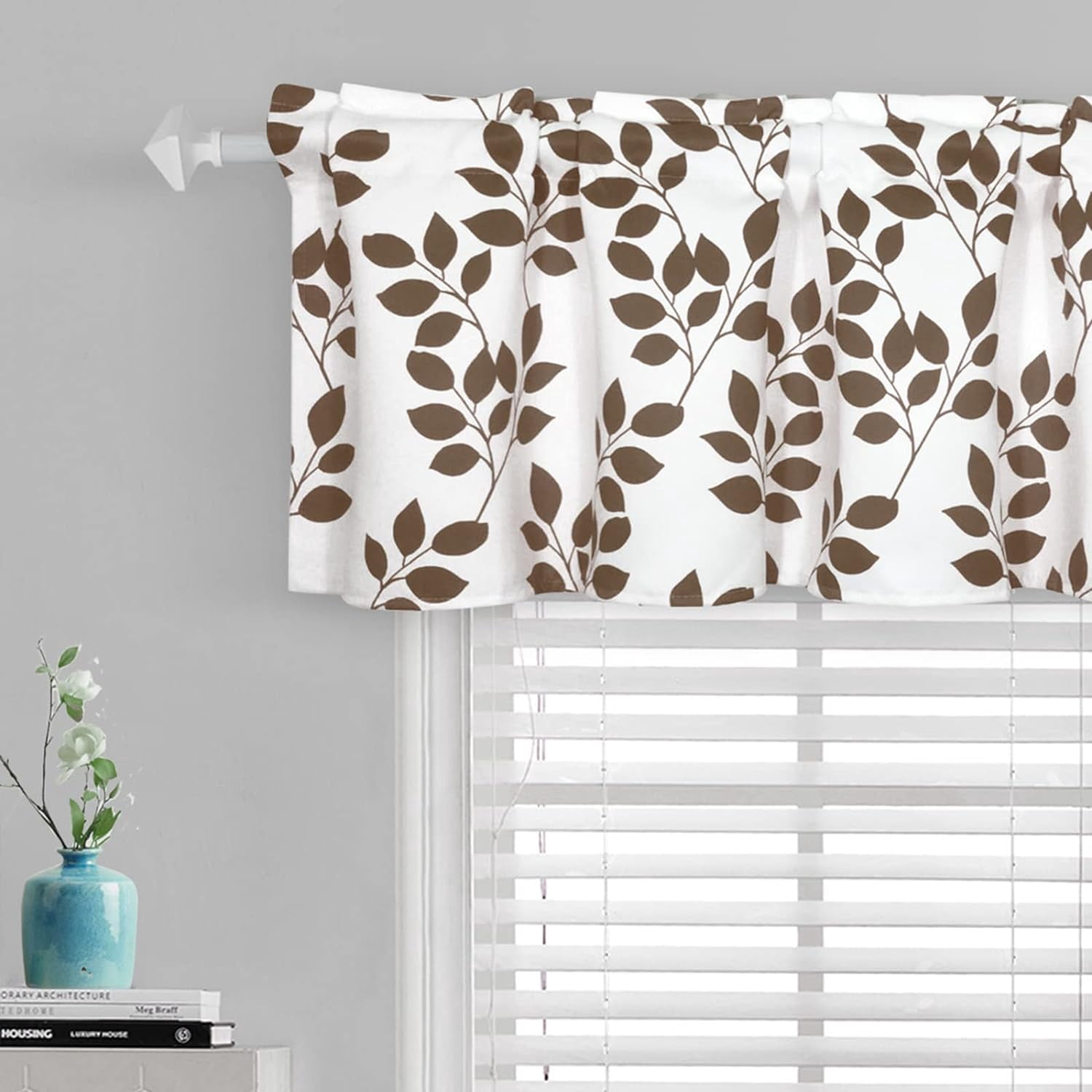 Brown Valance Curtains 18 Inches Long Leaf Printed, Rod Pocket Short ...