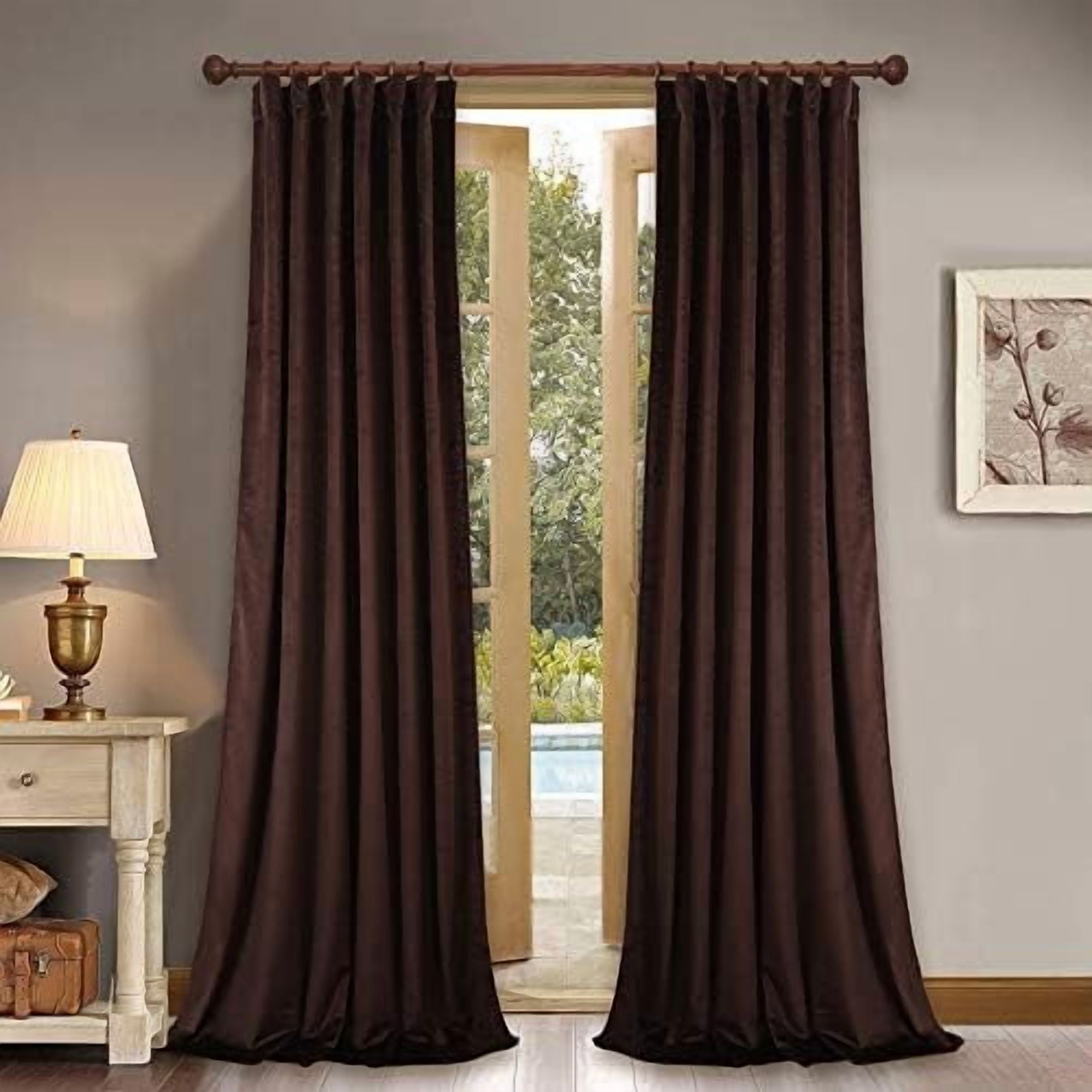 Brown Velvet Curtains 132 inches Long, Back Tab Thermal Insulated Light ...