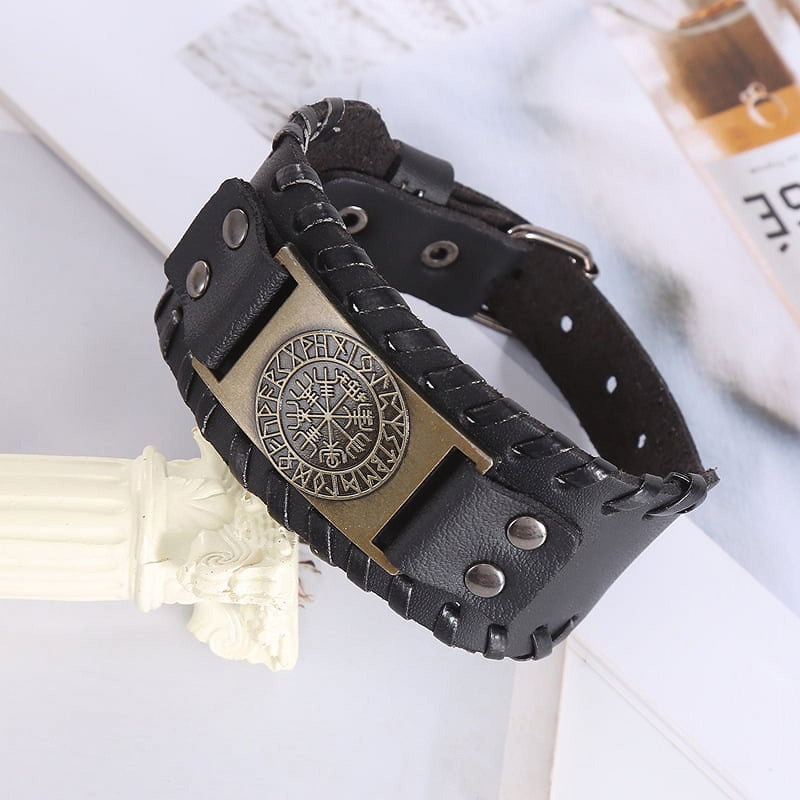 Brown Viking Bracelet Adjustable Cuff Bangle Wristband with Vegvisir ...