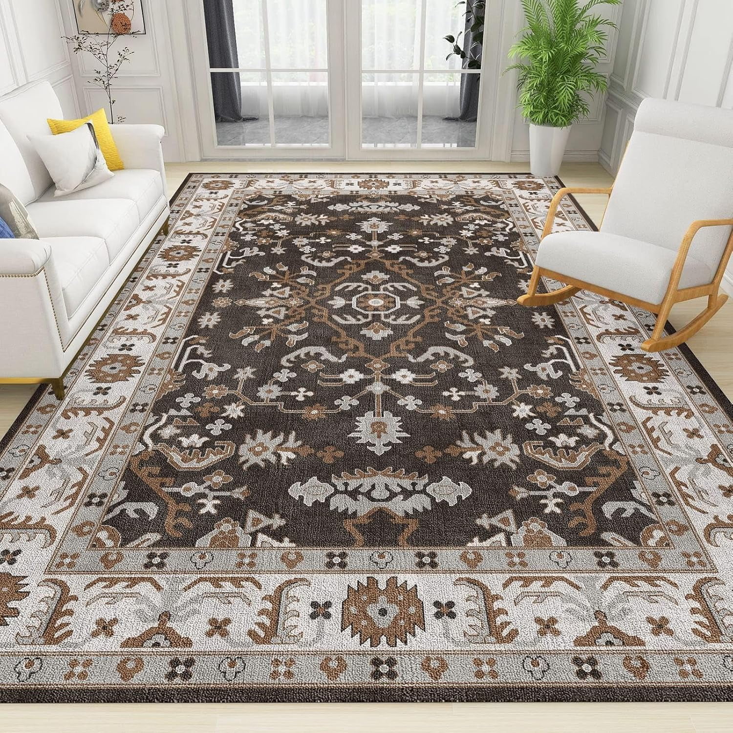 Brown Vintage Area Rug, Oriental Style Indoor Non-Slip Rugs, With Anti ...