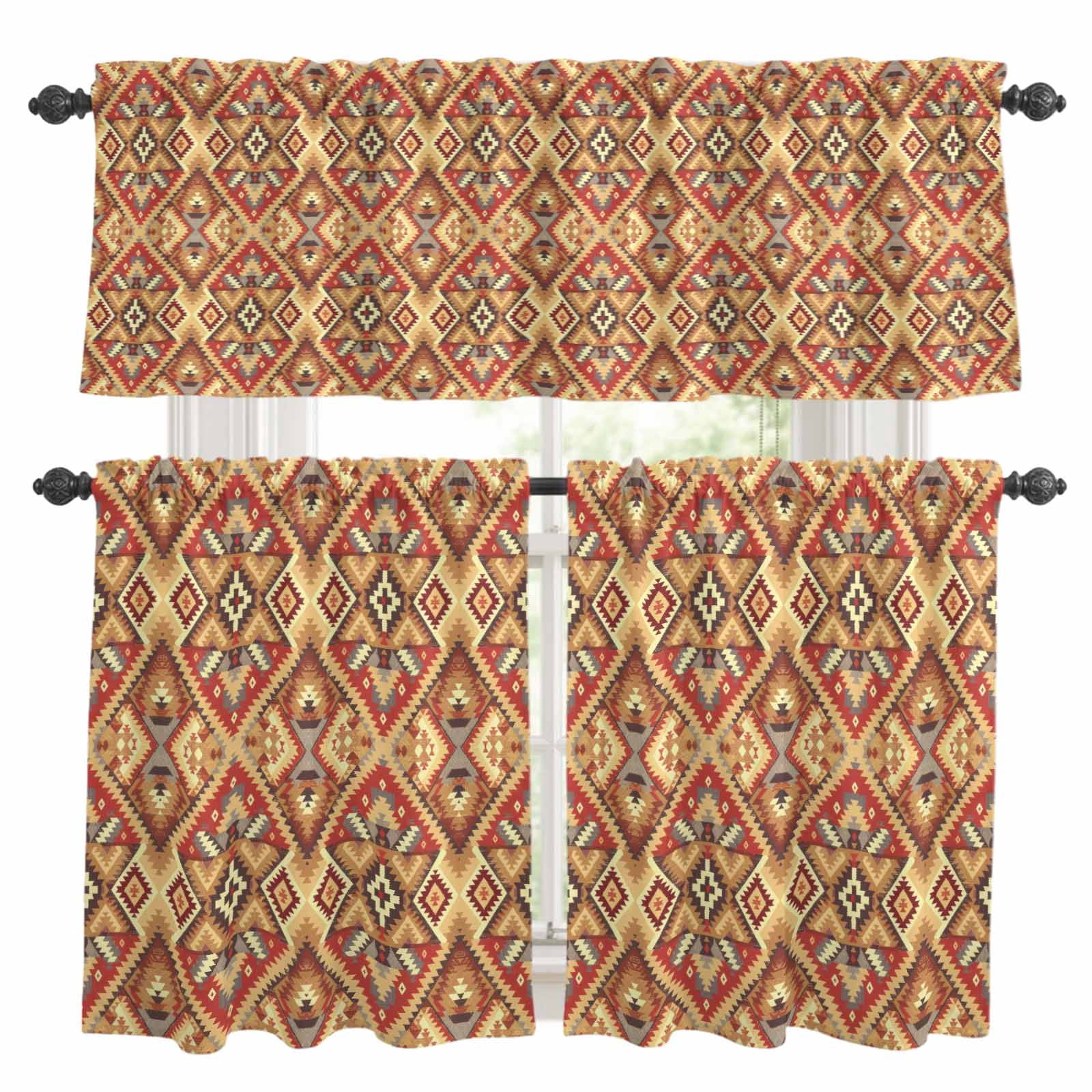 Brown Vintage Bohemian Geometric Kitchen Curtains Valances and Tiers ...