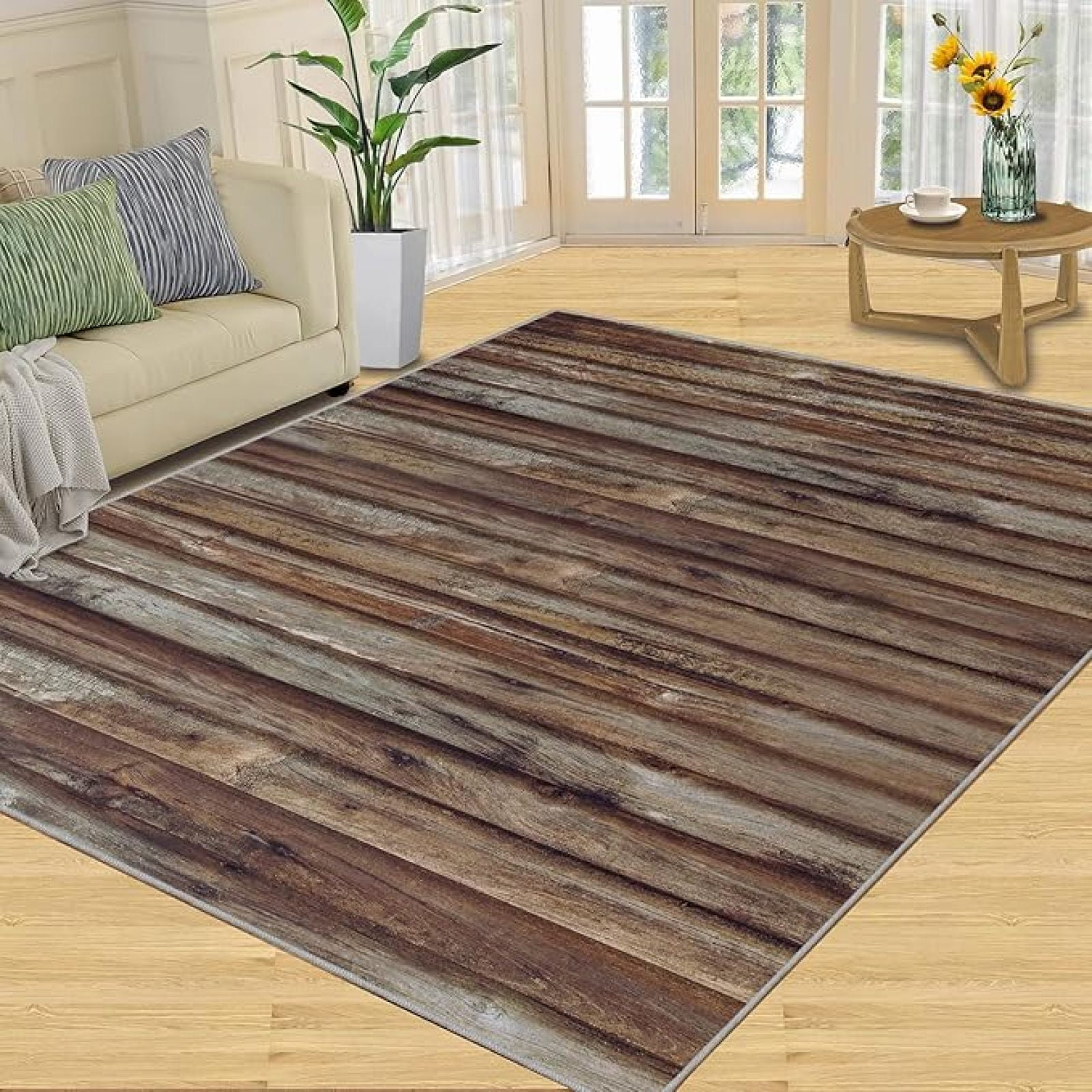 Brown Vintage Country Style Area Rug, Farmhouse Wood Plank Texture ...
