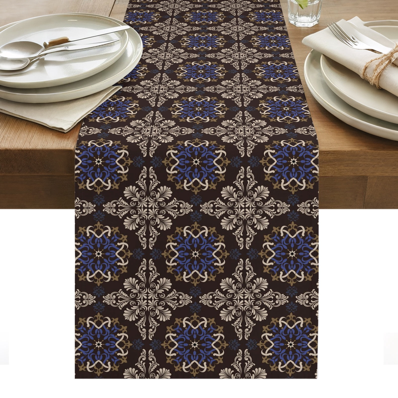 Brown Vintage Floral Cotton Linen Table Runner Country Retro Exotic ...