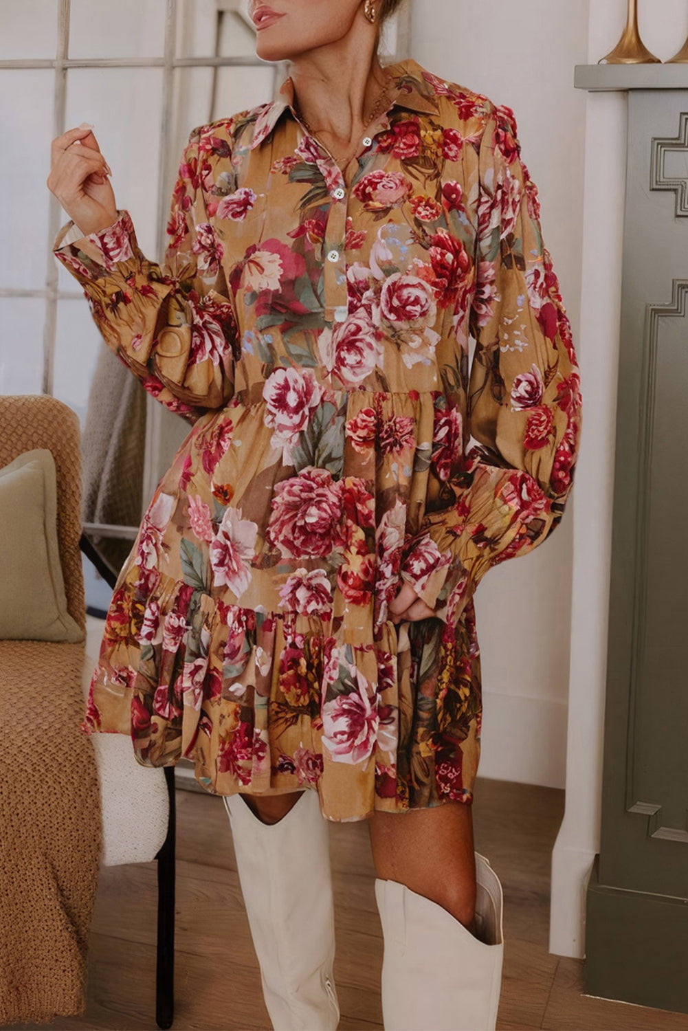 Brown Vintage Floral Print Shirt Style Half Button Long Sleeve Ruffle ...