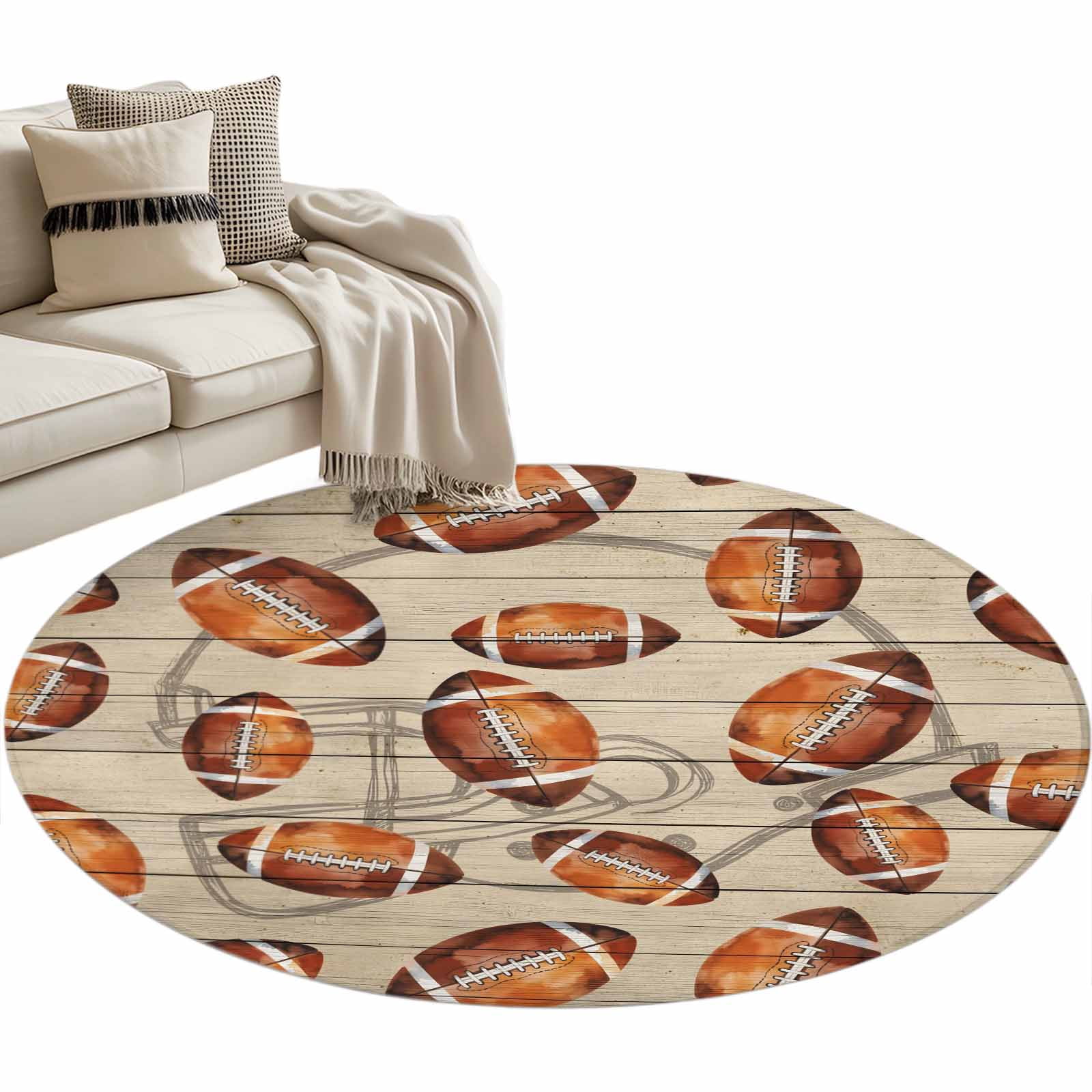 Brown Vintage Football Round Rug 4ft Washable Circle Entryway Rugs Non ...