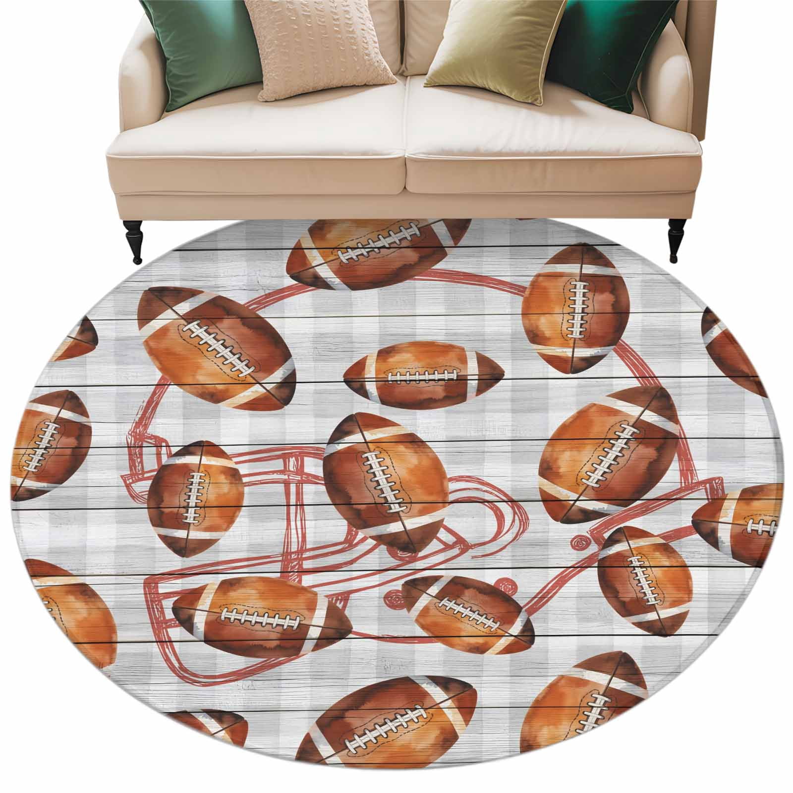 Brown Vintage Football Round Rug 5ft Washable Circle Kitchen Rugs Non ...