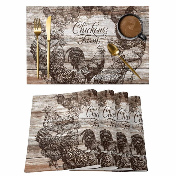 Brown Vintage Rooster Placemats Set of 8 Farmhouse Wooden Chickens Farm ...