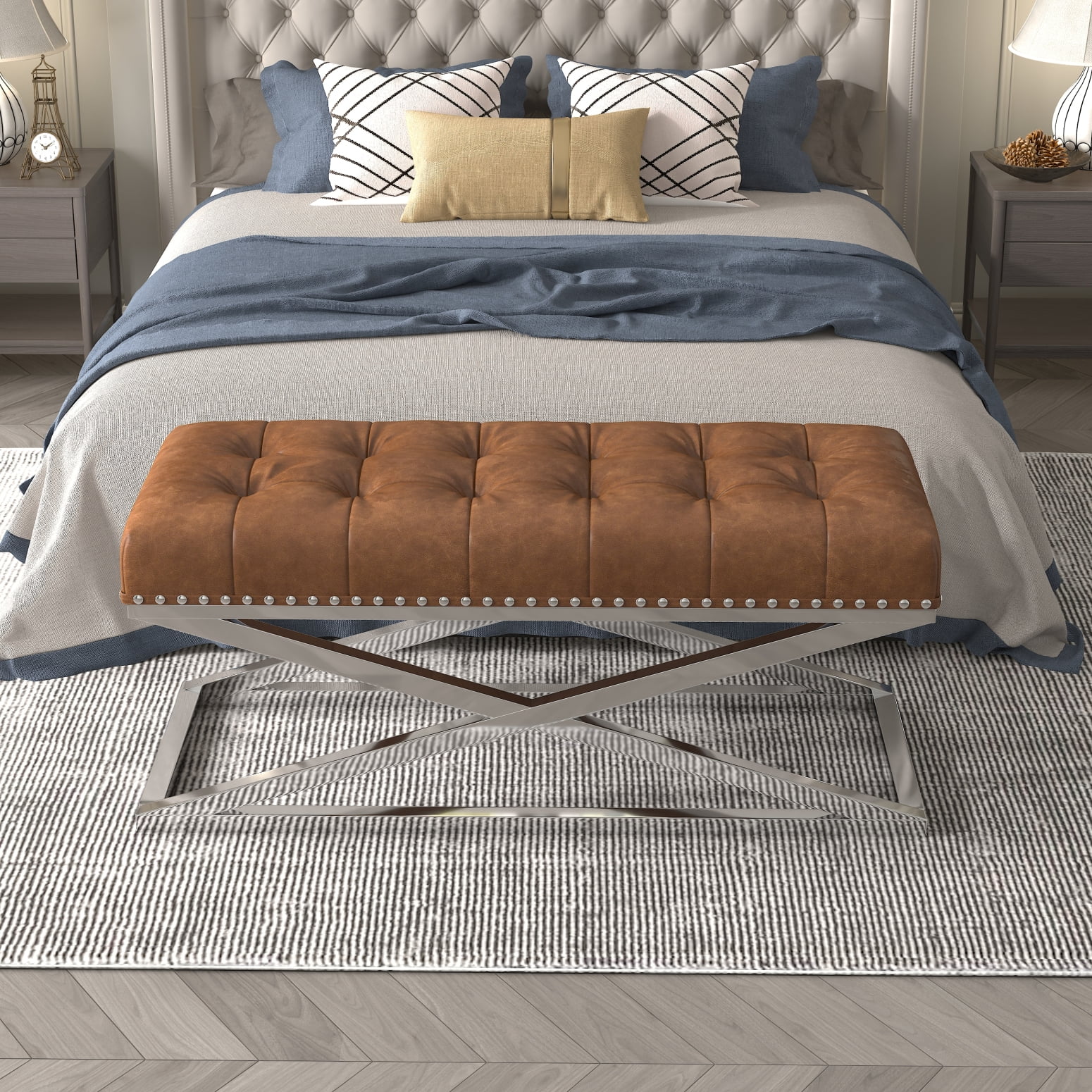 Brown Vintage Vegan Leather Accent Chair - 44" Shiny Stainless Steel ...