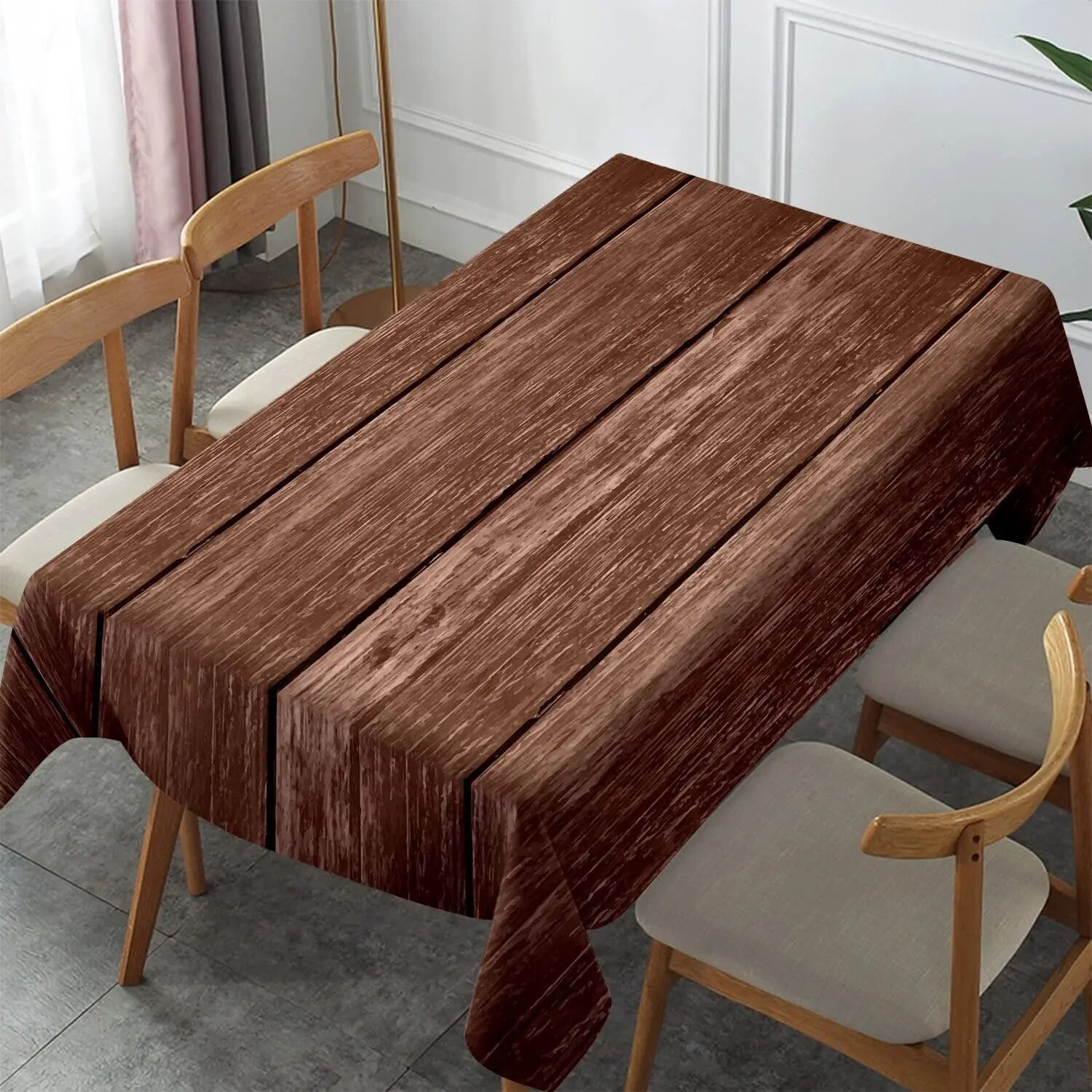 Brown Vintage Waterproof Rectangular Tablecloth Wood Grain Polyester ...