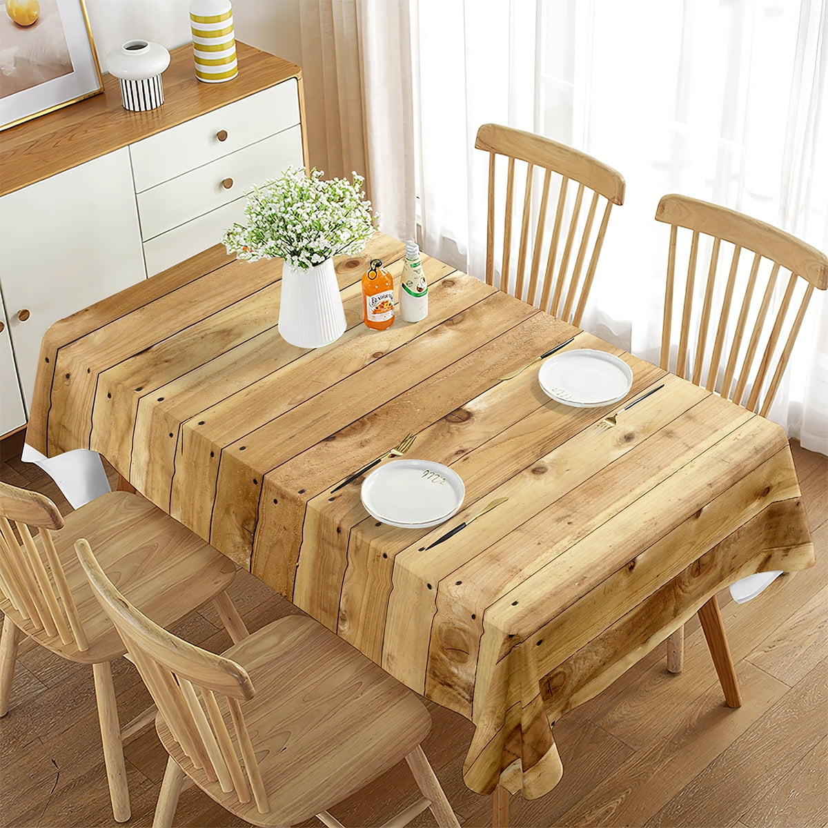 Brown Vintage Waterproof Rectangular Tablecloth Wood Grain Polyester ...