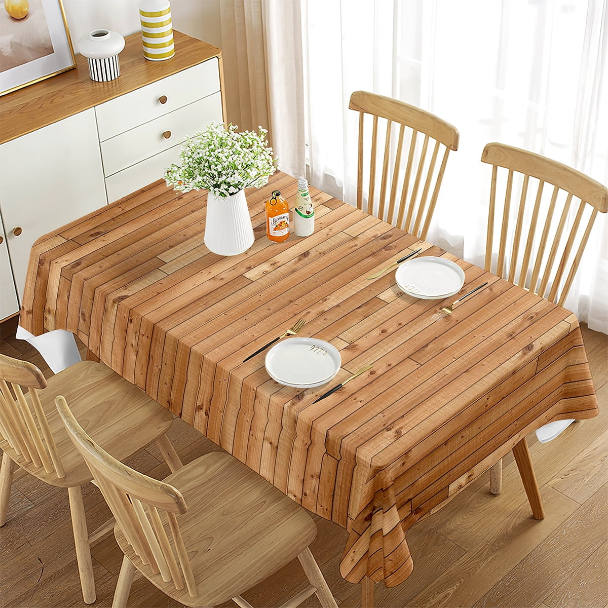 Brown Vintage Waterproof Rectangular Tablecloth Wood Grain Polyester ...