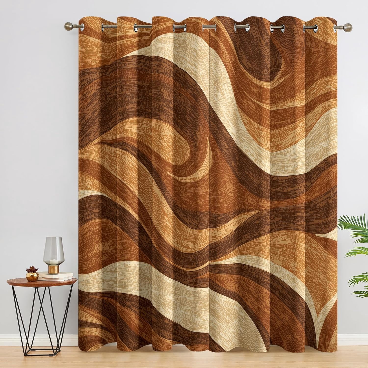 Brown Vintage Wave Curtains for Bedroom Decor,2 Panels Set, Retro ...