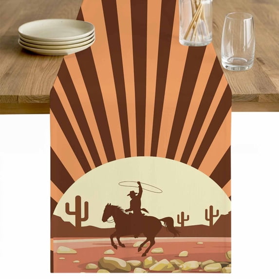 Brown Vintage Western Table Runner - 90 Inch Long Horse Cactus Retro ...