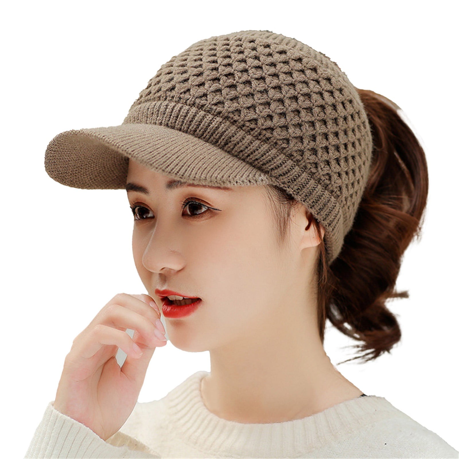 Brown Visors Womens Winter Beanie Hat Warm Knitted Wool Hats Cap with ...