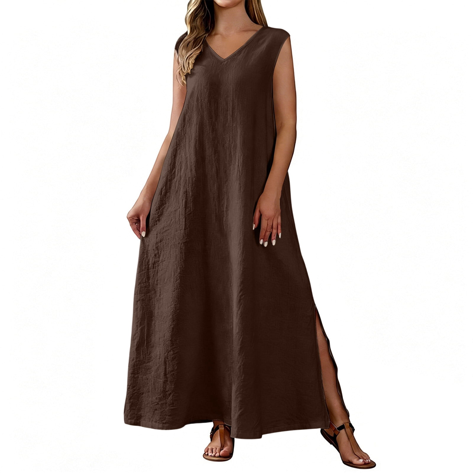Brown Vneck Faux Linen Dresses for Women Fall Summer Sleeveless Mini ...