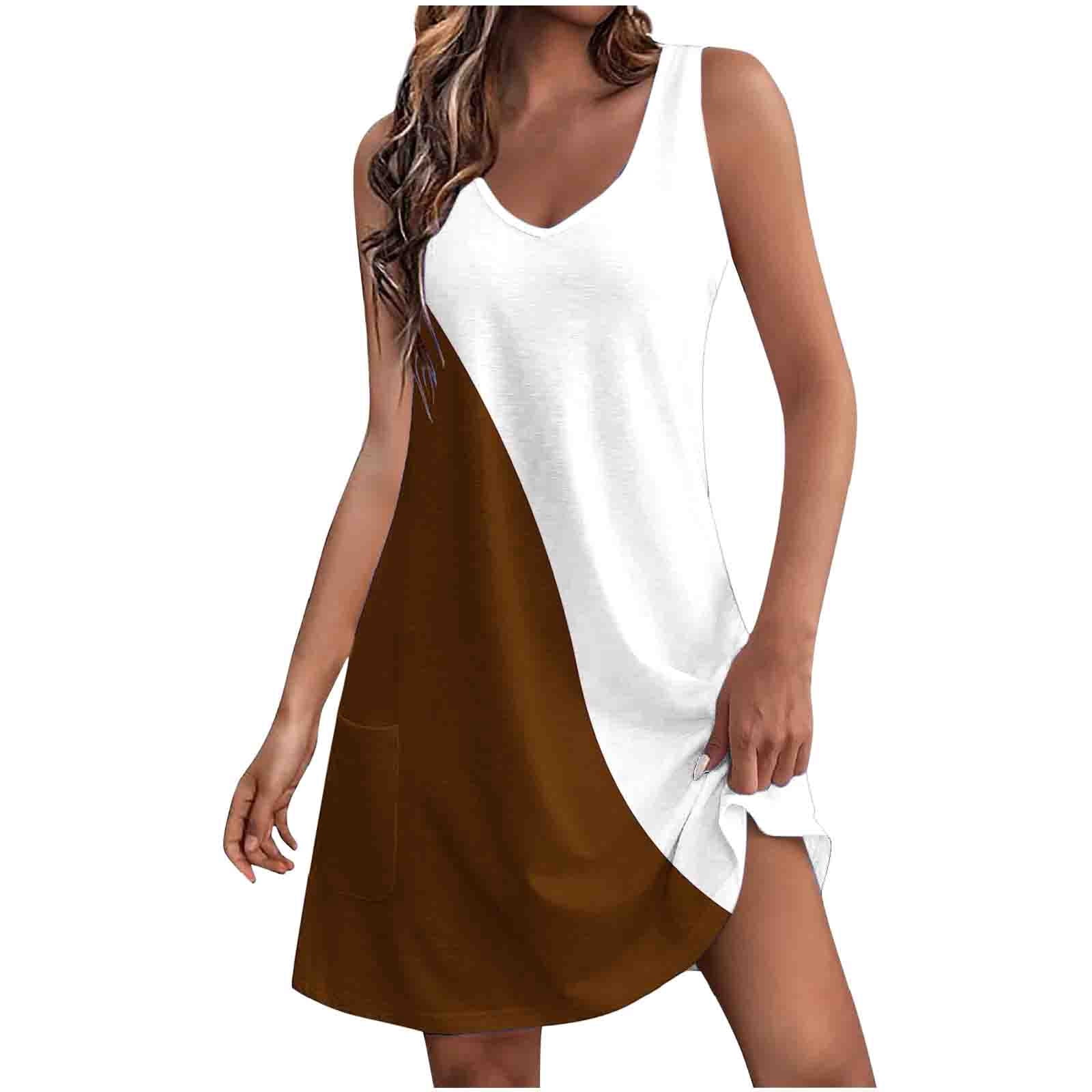 Brown Vneck Spandex Dress for Juniors Fall Summer Sleeveless Print Midi ...
