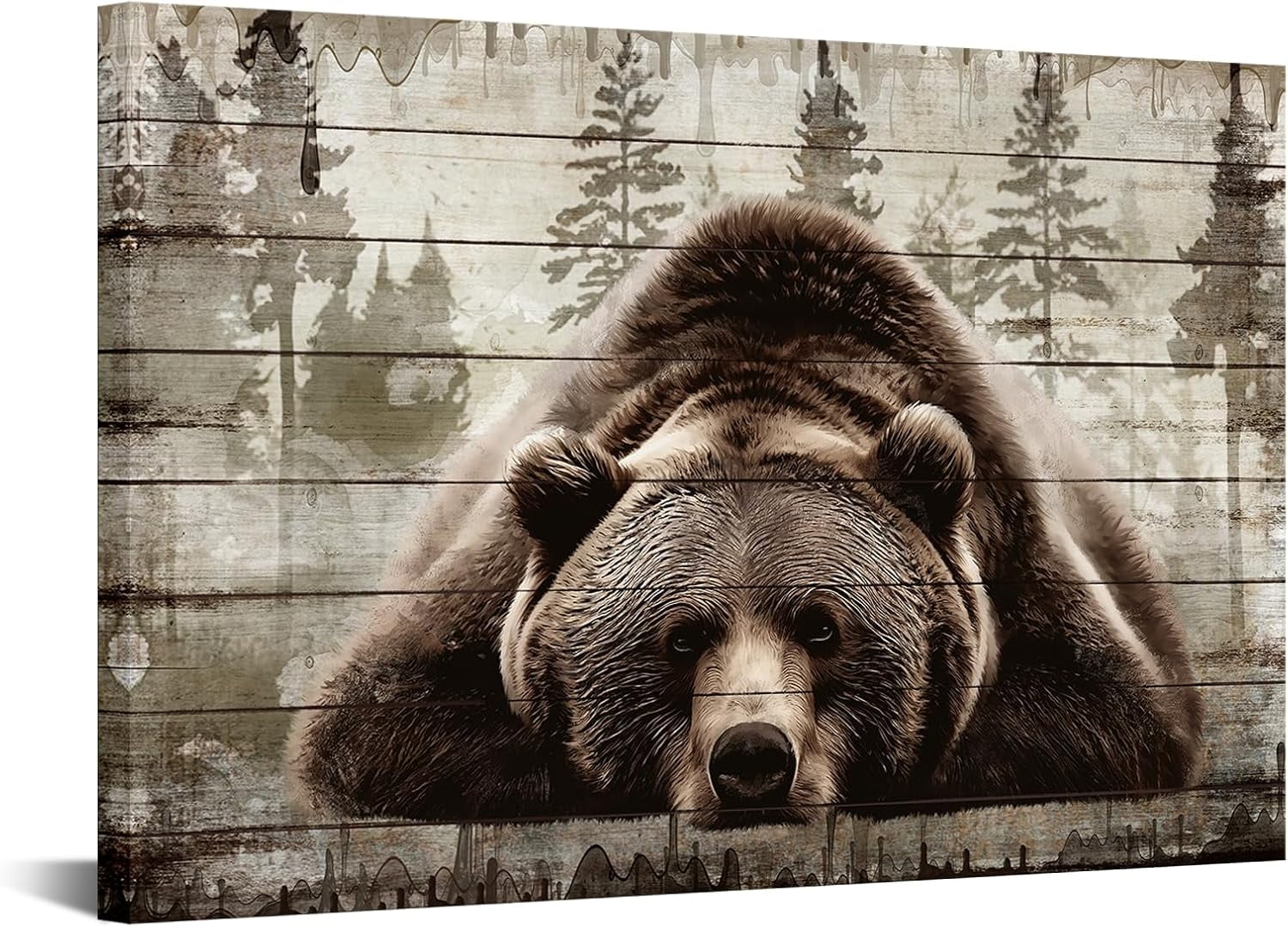 Brown Wall Art Painting Grizzly Bear Prints On Canvas Vintage Forest ...