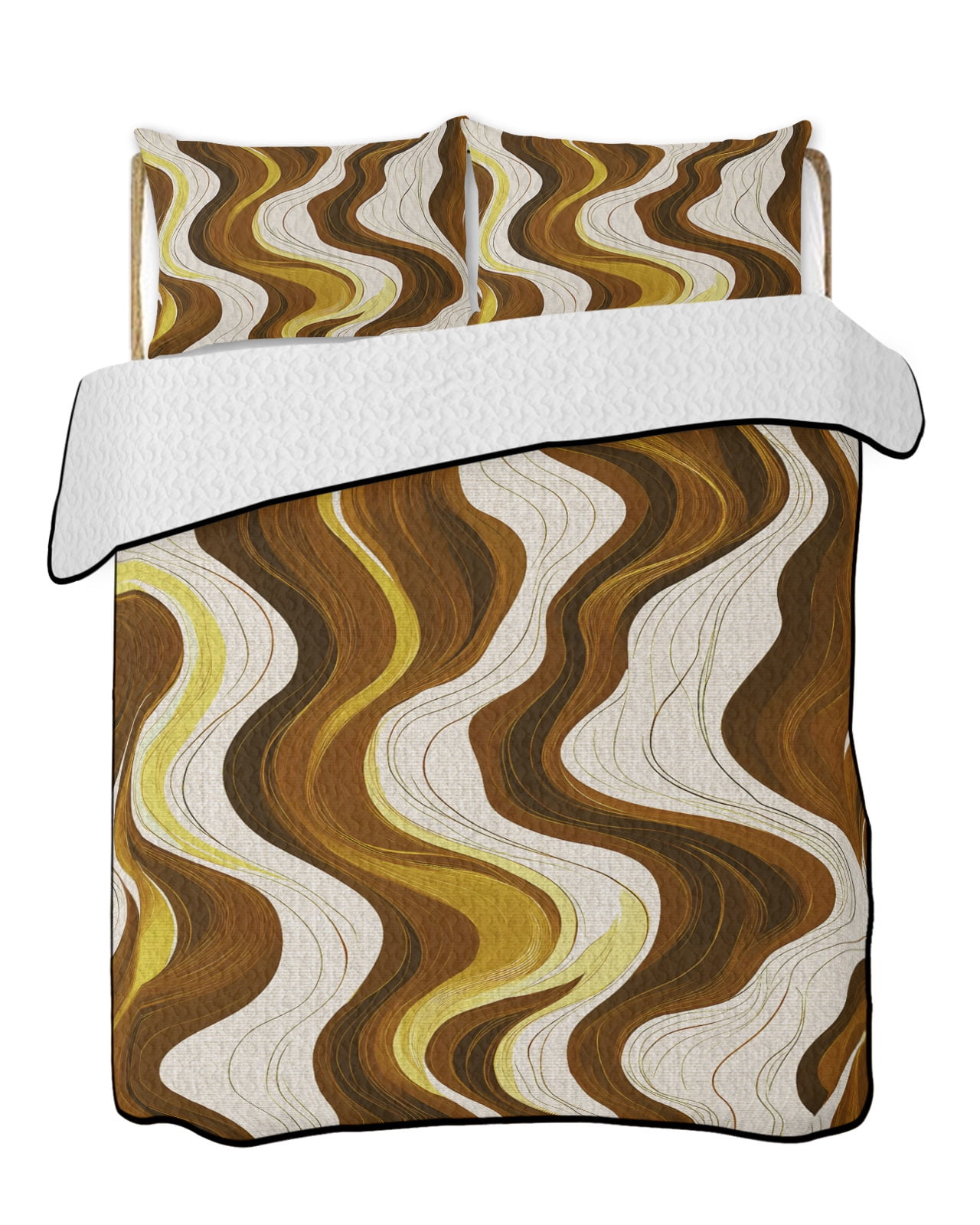 Brown Wave Quilts Bedding Set Twin Size Modern Abstract Art Gold White ...