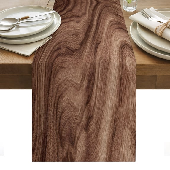 Brown Wave Wood Grain Cotton Linen Table Runner Farmhouse Plants Annual ...