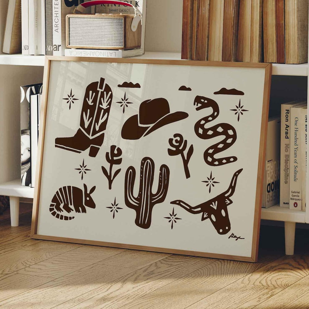 Brown Western Collage Print Retro Cowboy Boots Poster Vintage Cowgirl ...
