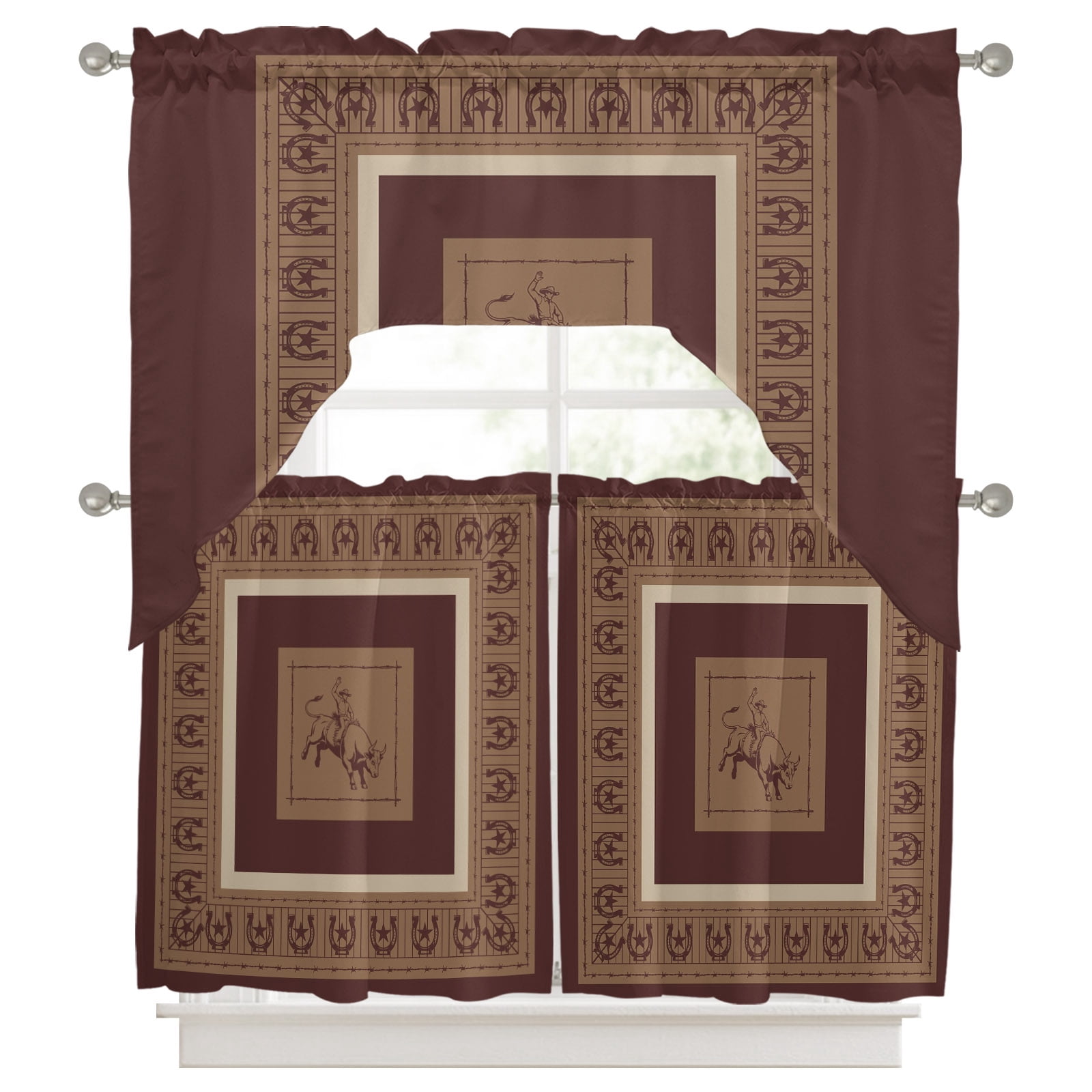 Brown Western Cowboy Kitchen Curtains Swag Valance and Tier Curtains ...