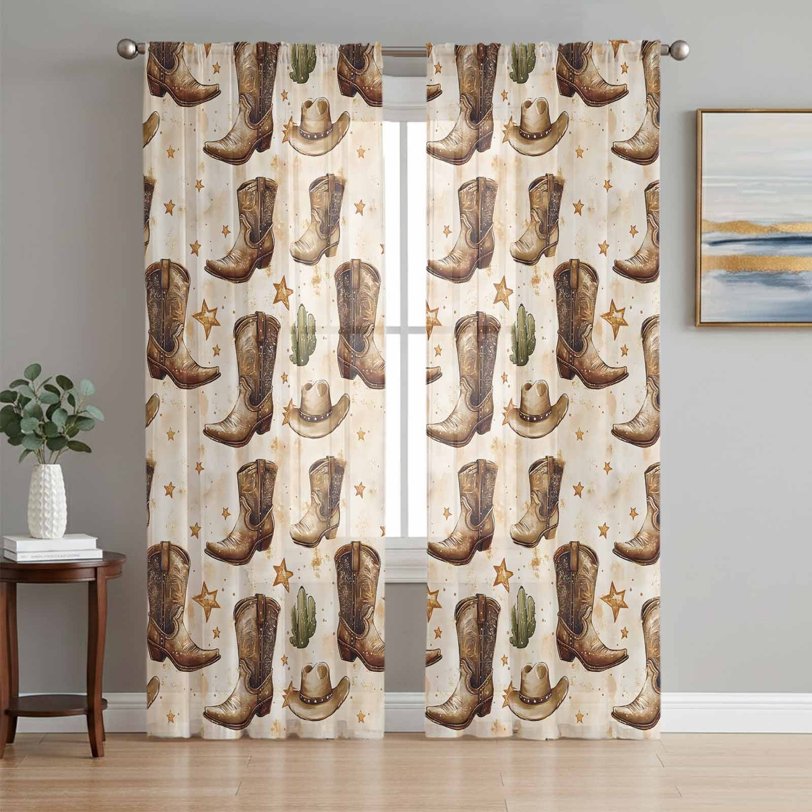 Brown Western Cowboy Sheer Curtains 72 Inch Length 2 Panels Set ...
