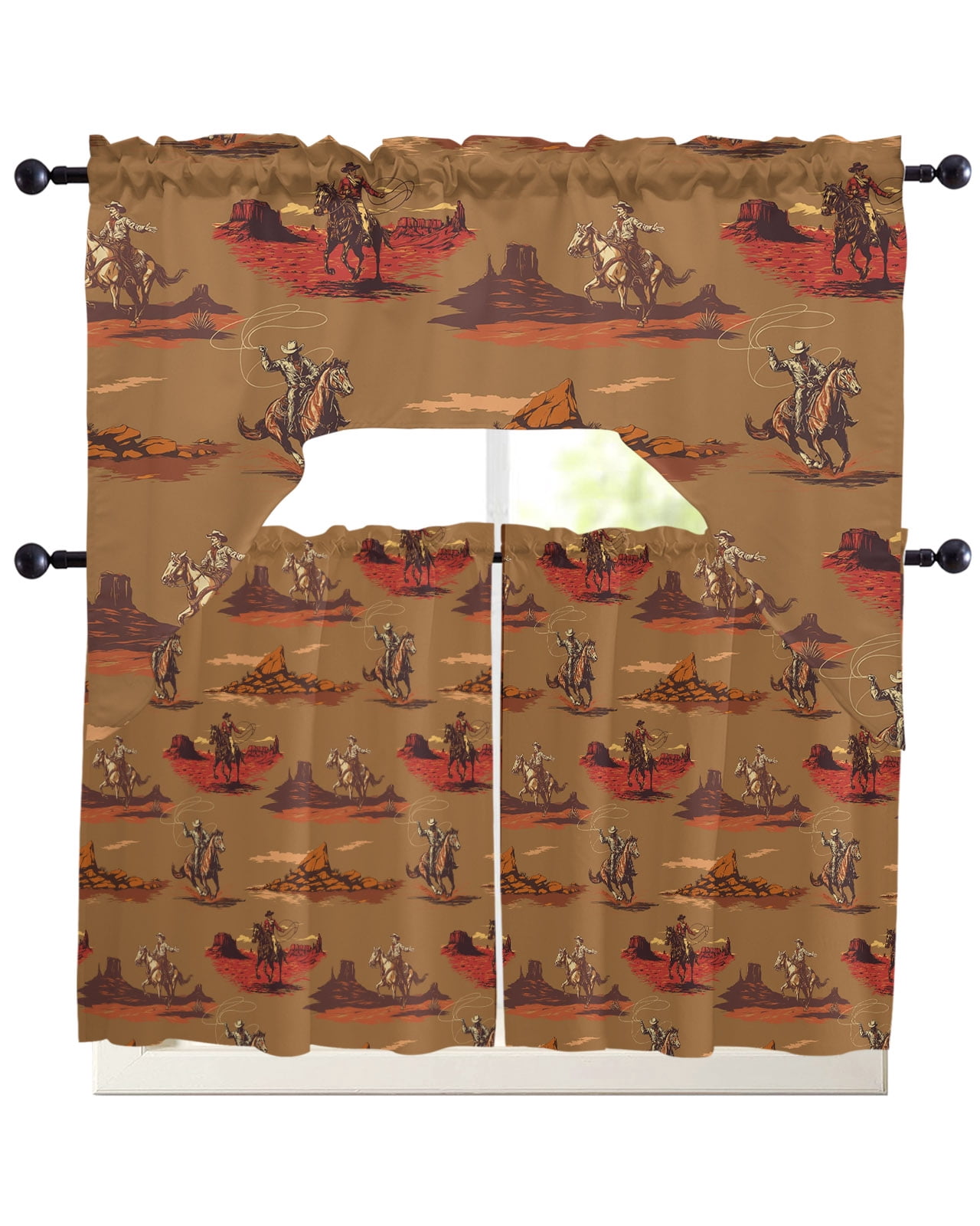 Brown Western Cowboys Kitchen Curtains Sets 24 Inch Length with Valance ...