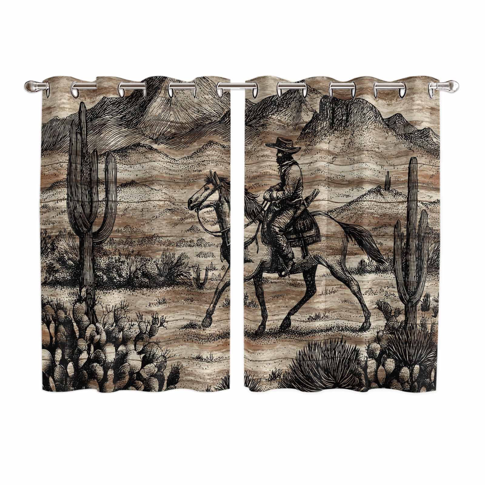 Brown Western Farmhouse Kitchen Curtains Window Panels, Vintage Cowboys ...