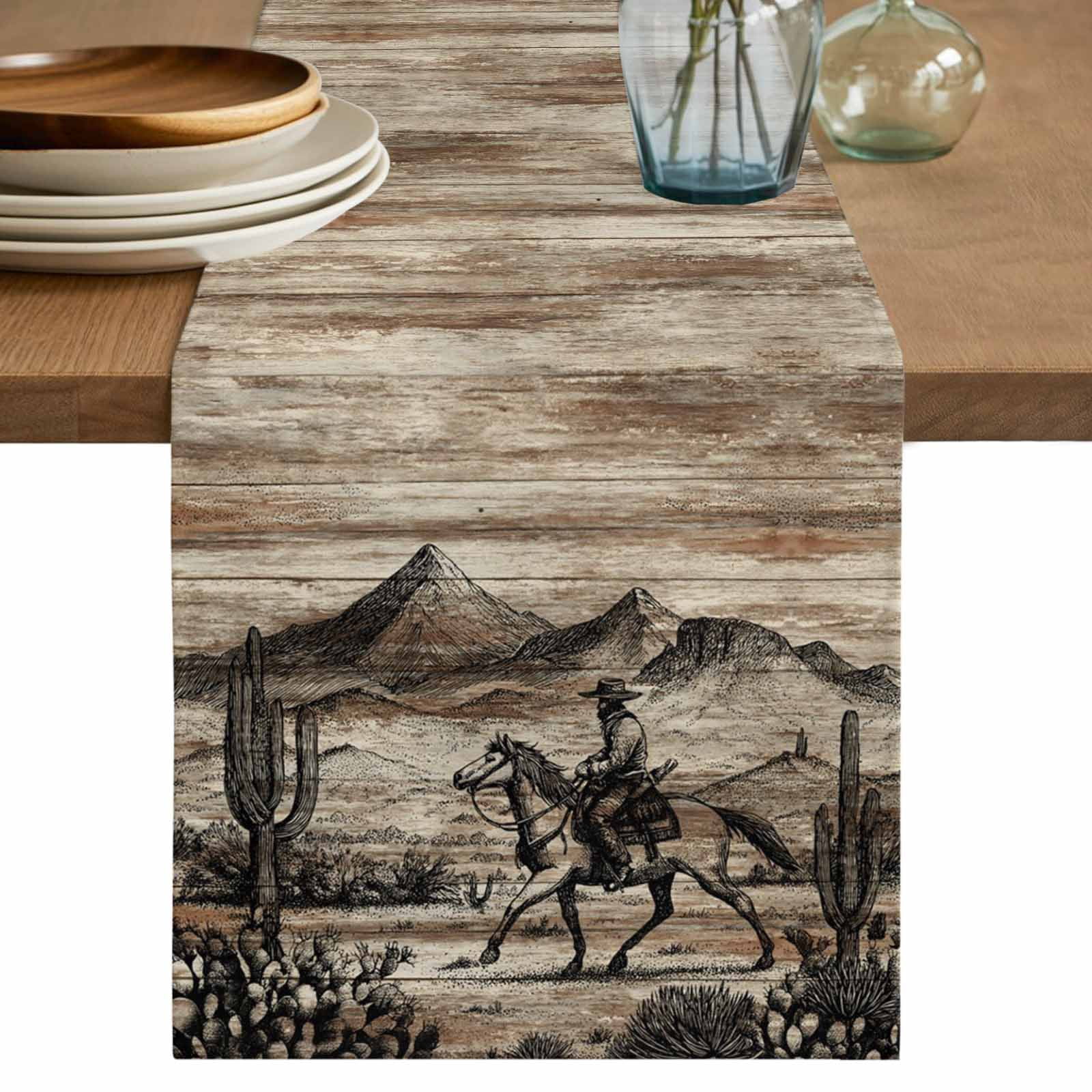 Brown Western Farmhouse Table Runner, Vintage Cowboys Cactus Washable ...