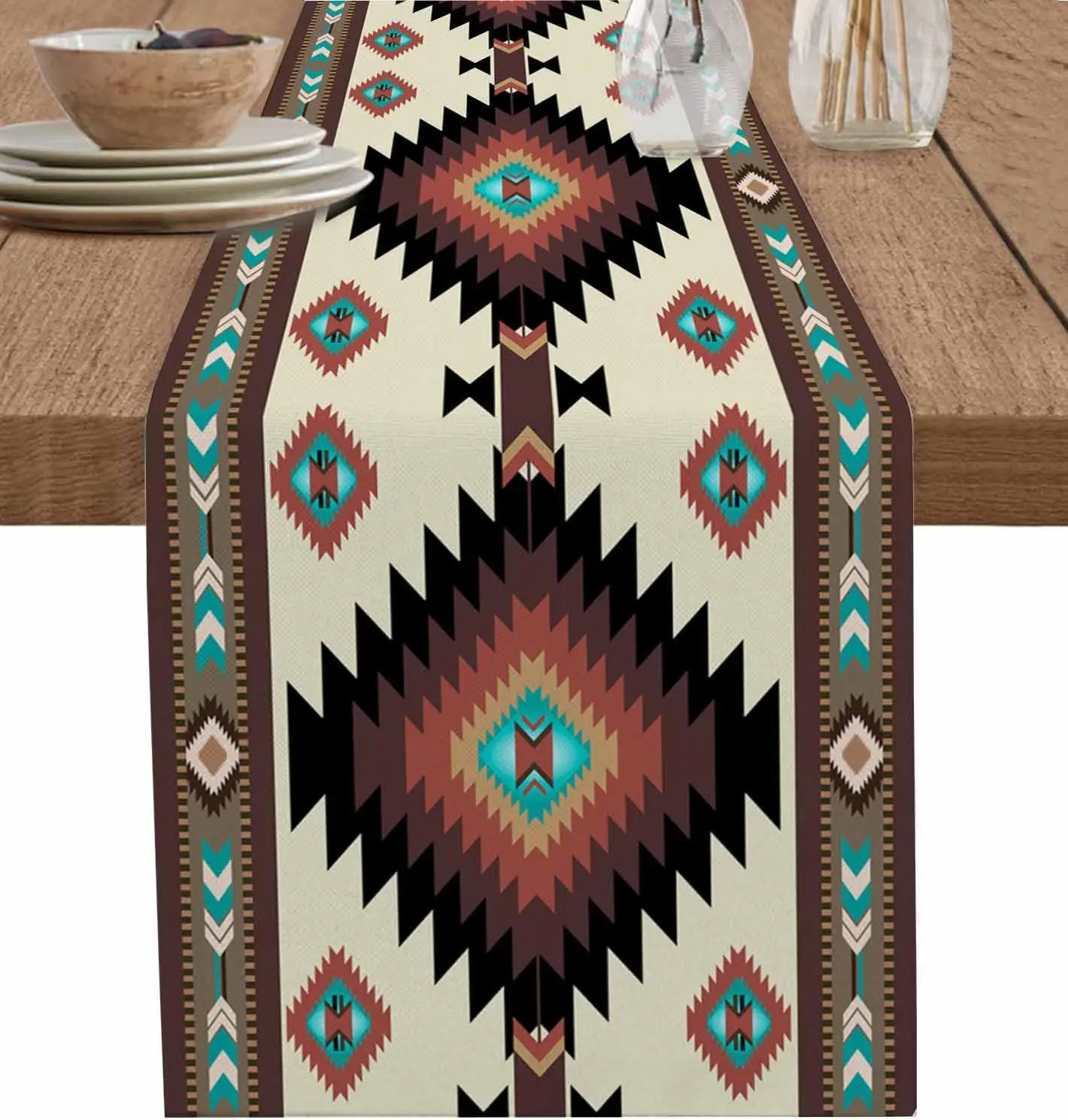 Brown Western Geometric Abstract Linen Table Runners Dresser Scarf r ...