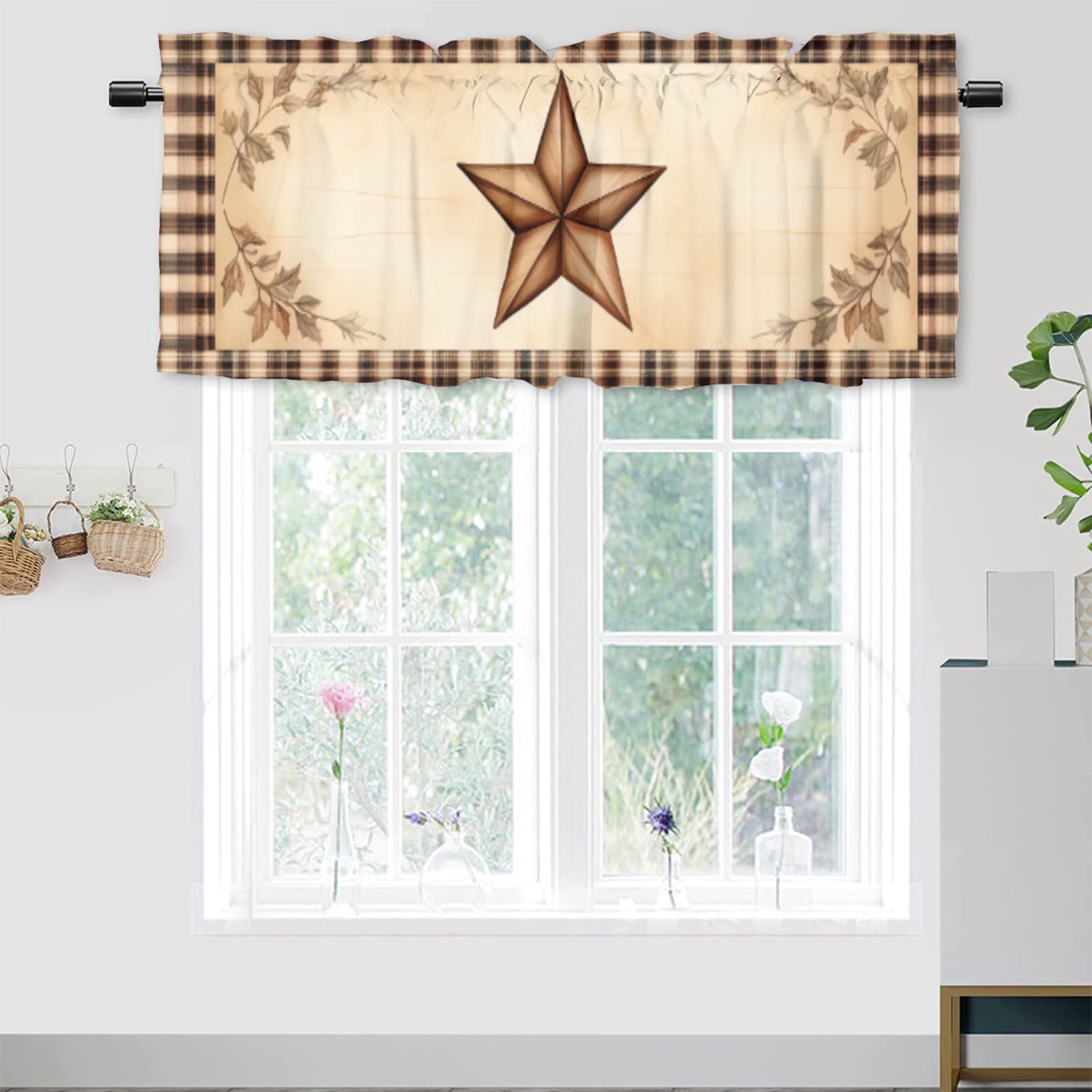 Brown Western Texas Valance Curtain Rustic Star Plaid Country Farm Rod ...