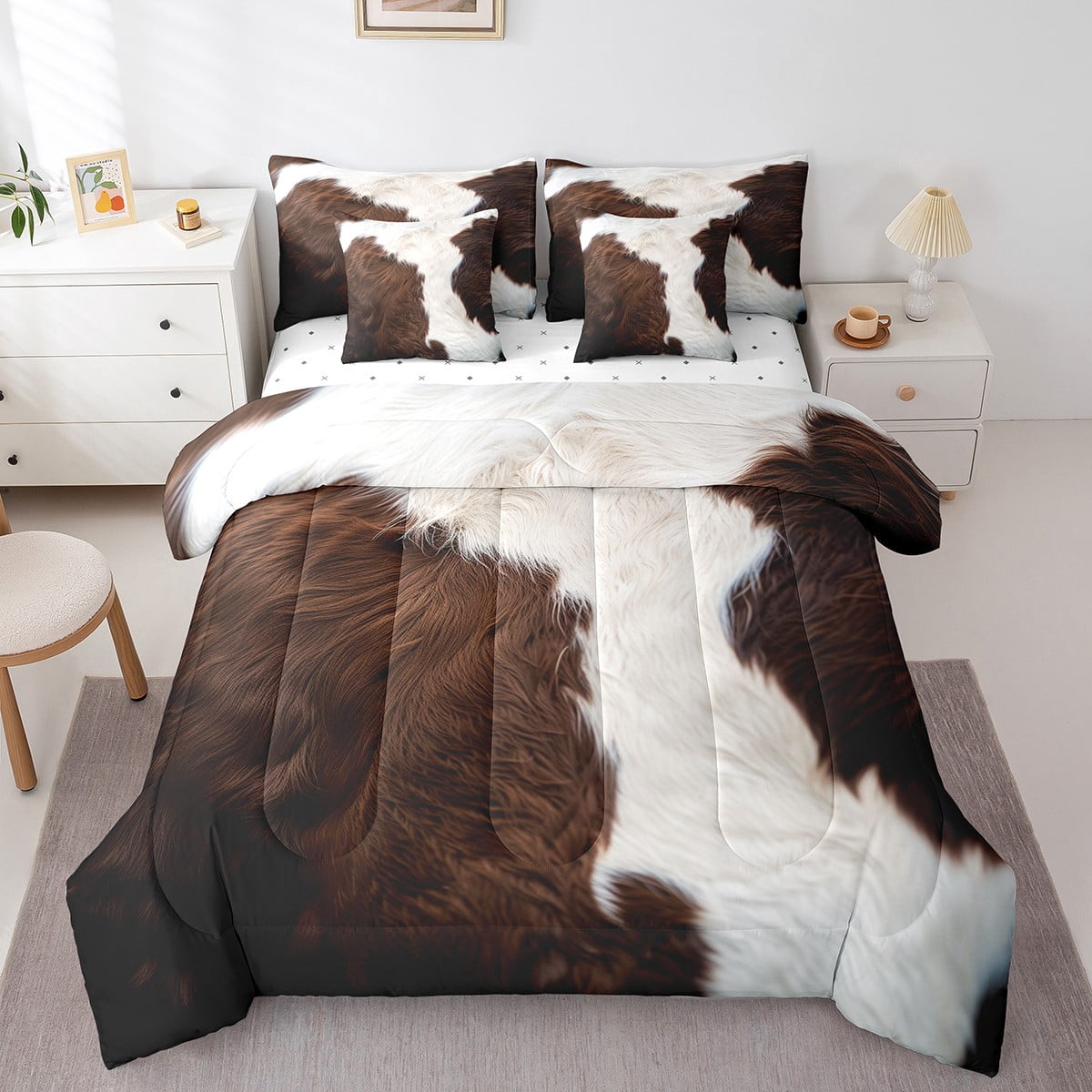 Brown and White Bedding Comforter Sets 7-Piece Cowhide Cow Print Bed in ...